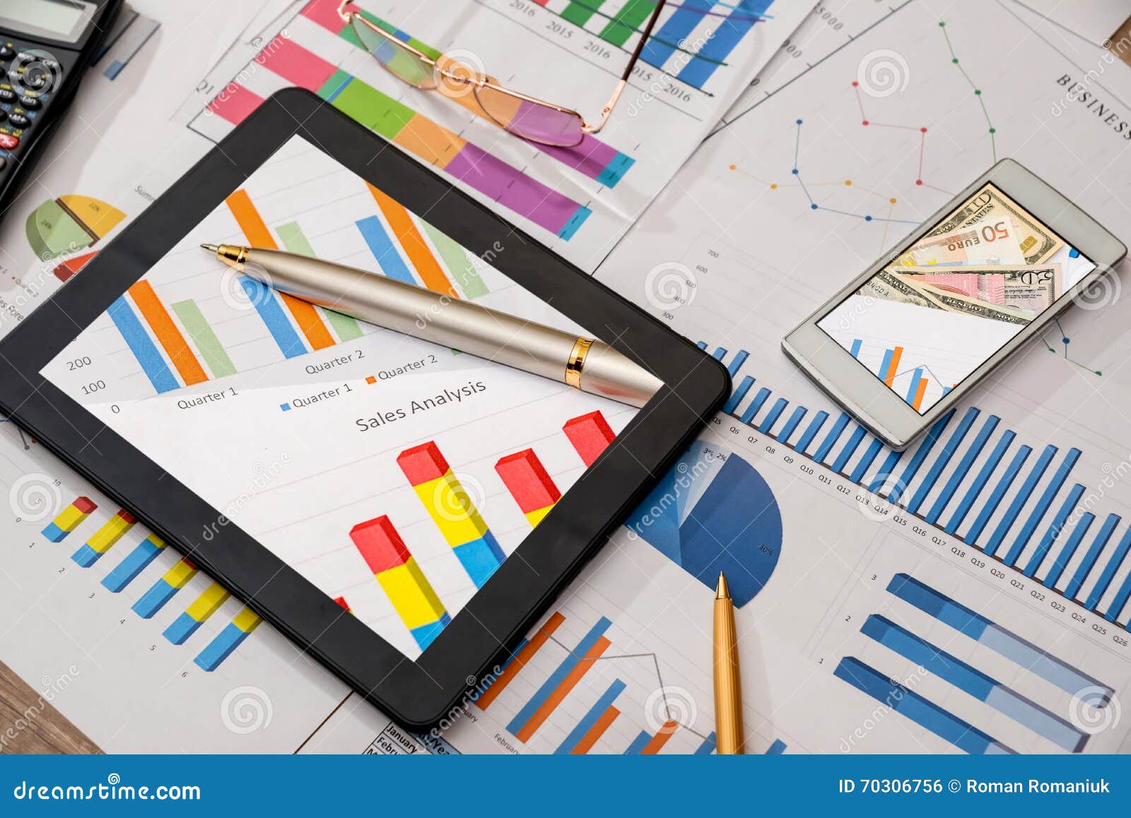 Business Workplace with Digital Tablet, Mobile Smartphone and Some ...