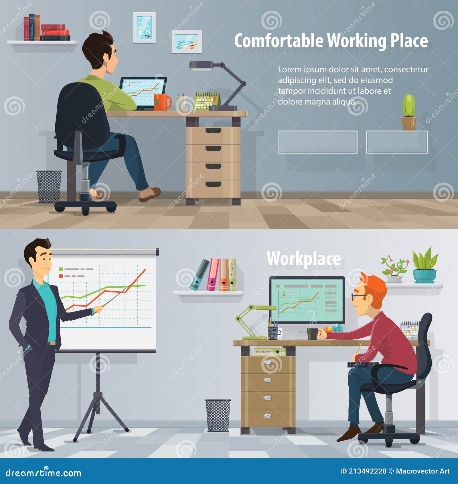 Business Workplace Horizontal Banners with Working Busy People in ...