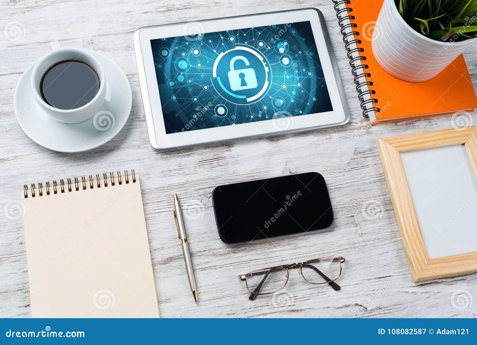 Web Security and Technology Concept with Tablet Pc on Wooden Table ...