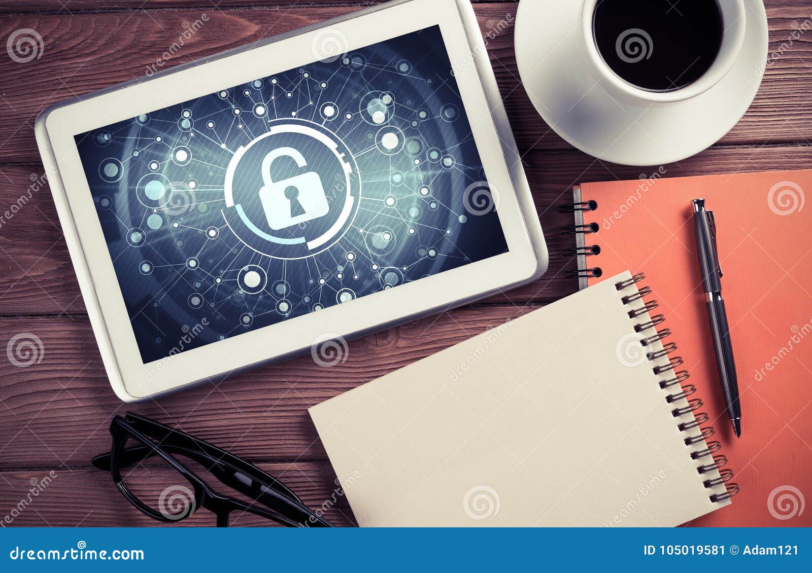 Web Security and Technology Concept with Tablet Pc on Wooden Tab Stock ...