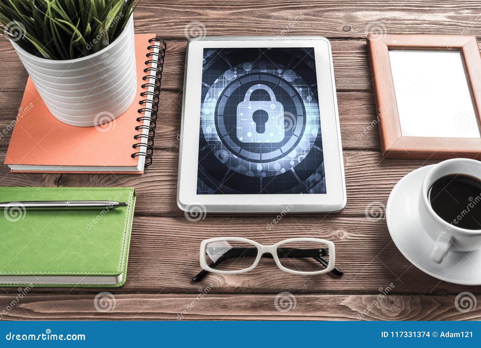 Web Security and Technology Concept with Tablet Pc on Wooden Tab Stock ...