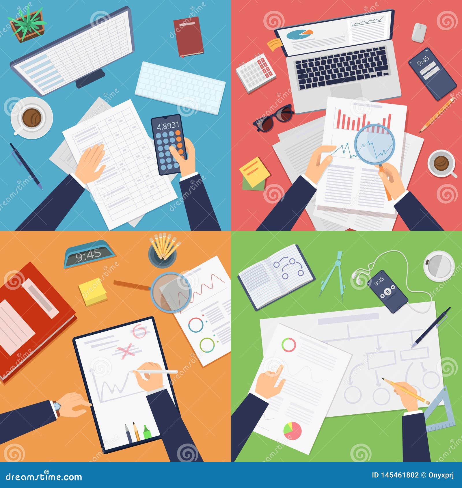 Business Workplace Top View. Businessman Working Analytics Reporting ...