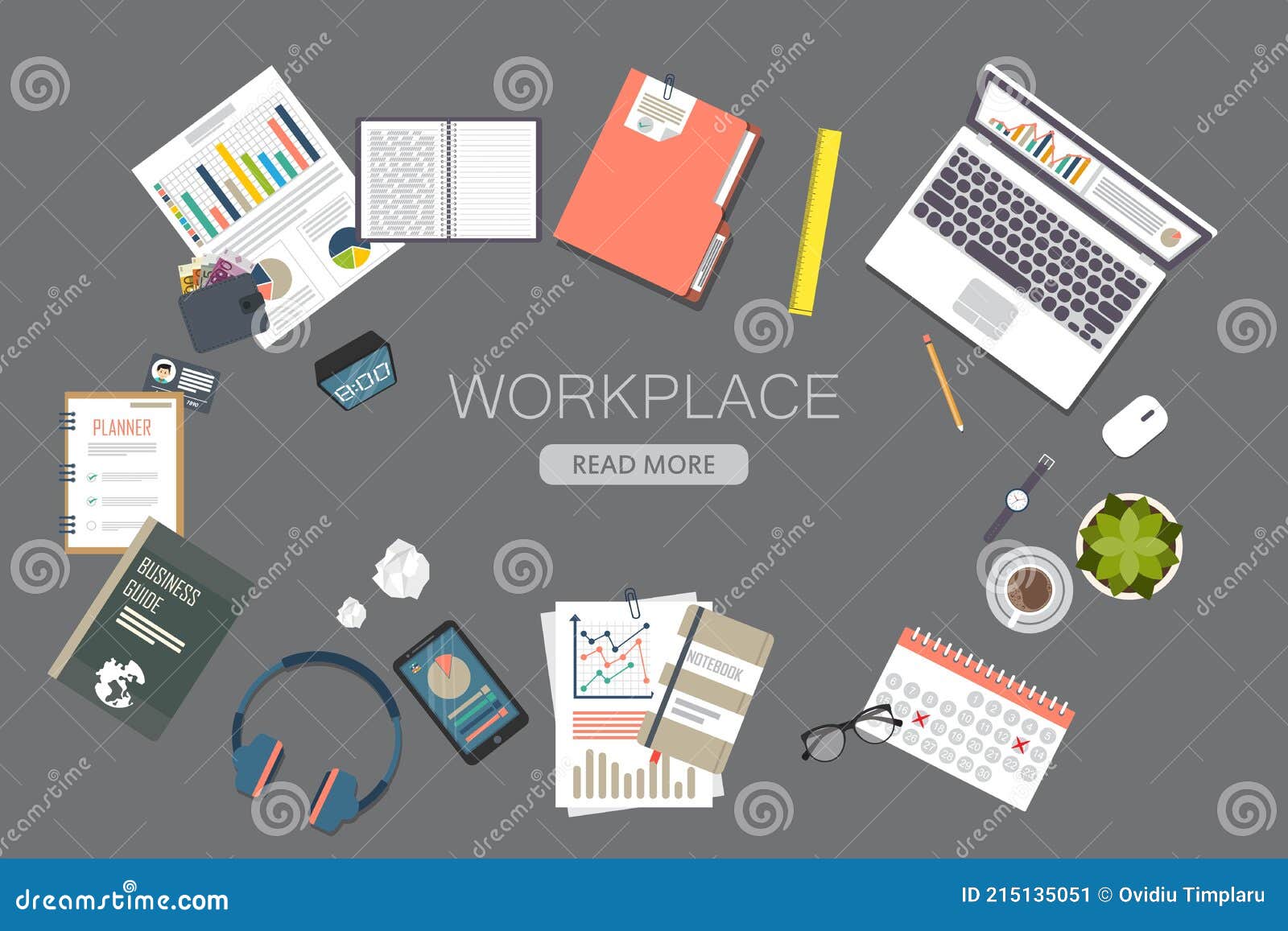 Business Workspace Top View. Office Objects. Business Planning and ...