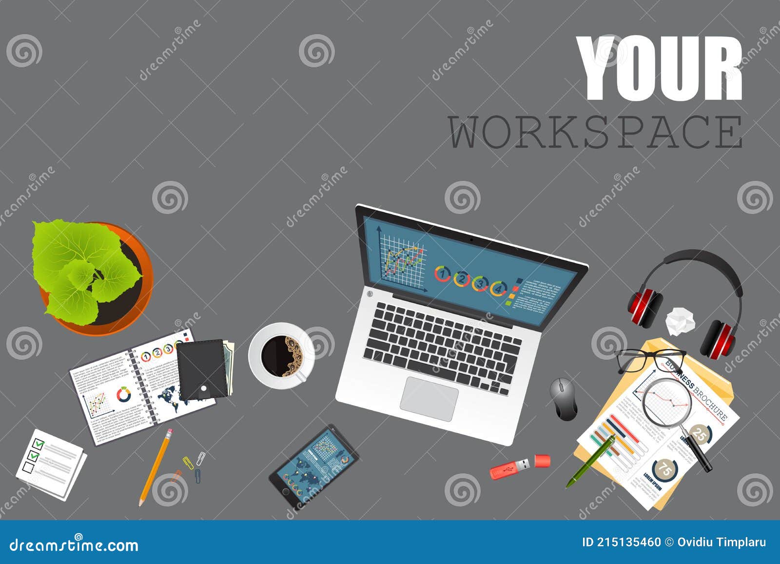 Business Workspace Top View. Office Objects. Business Planning and ...