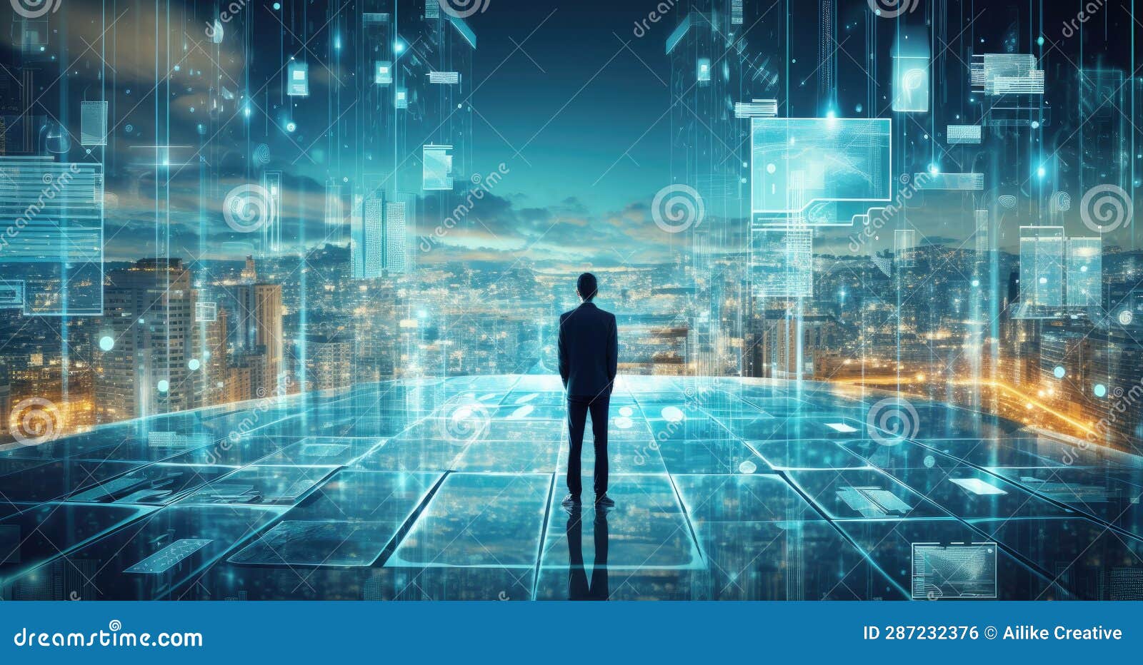 Businessman on Abstract City Background with Binary Code Stock ...