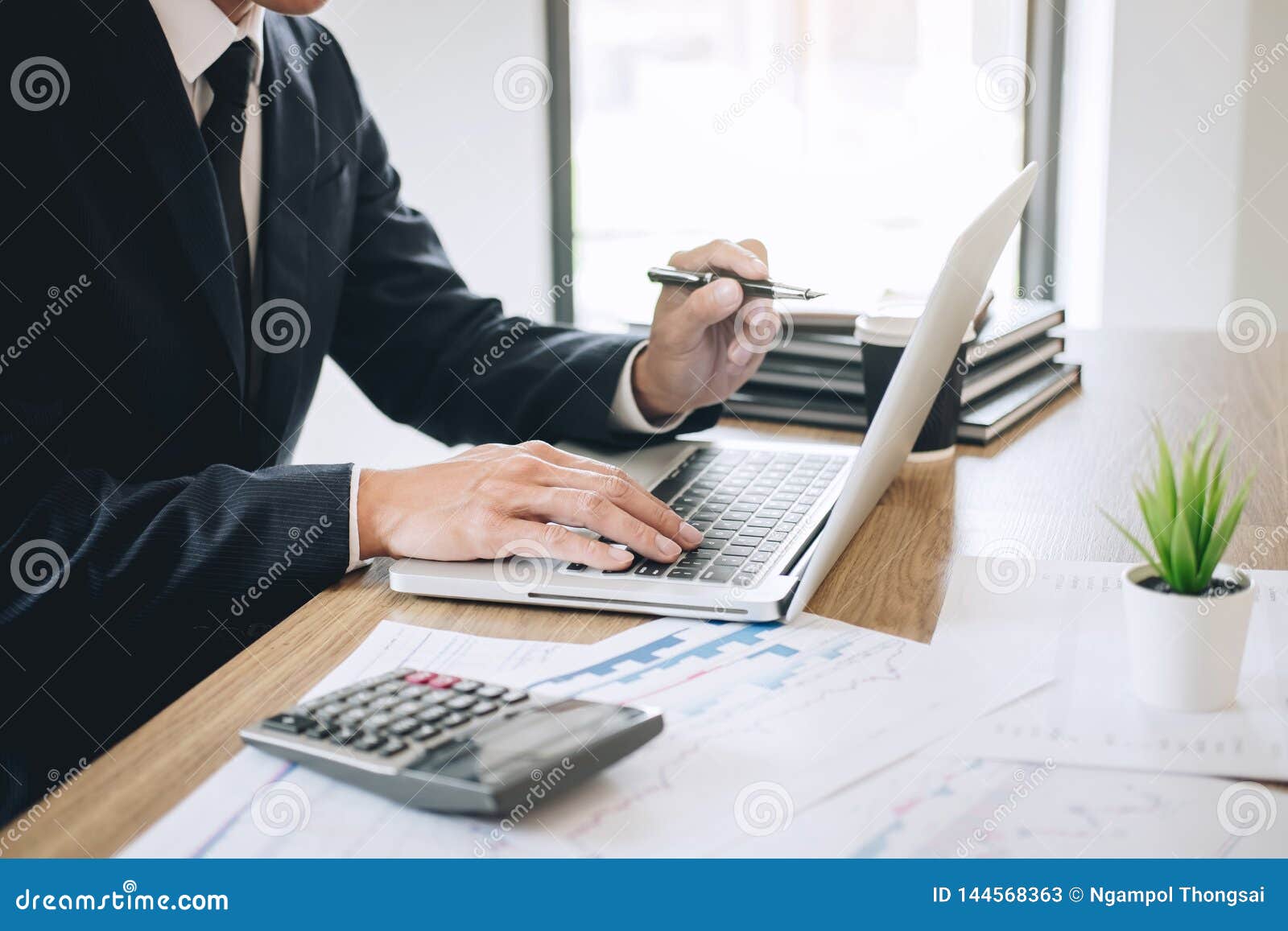 Businessman Accountant Working New Project on Laptop Computer with ...