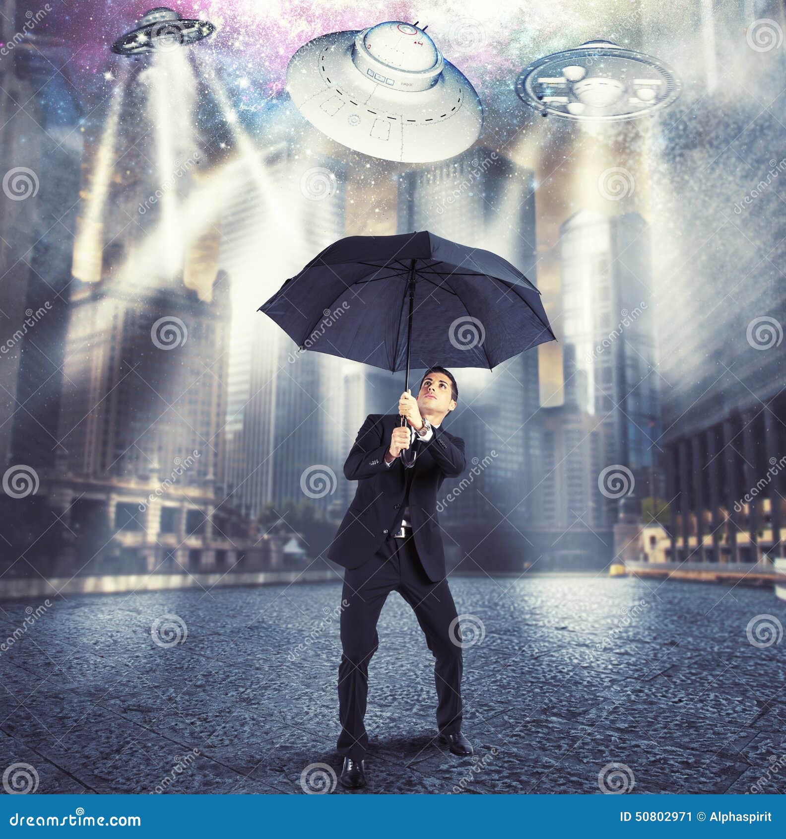 Businessman Against Alien Attack Stock Image - Image of business ...