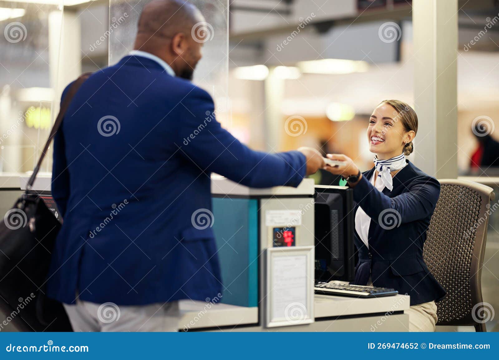 Businessman Airport And Passenger Assistant Helping Traveler With