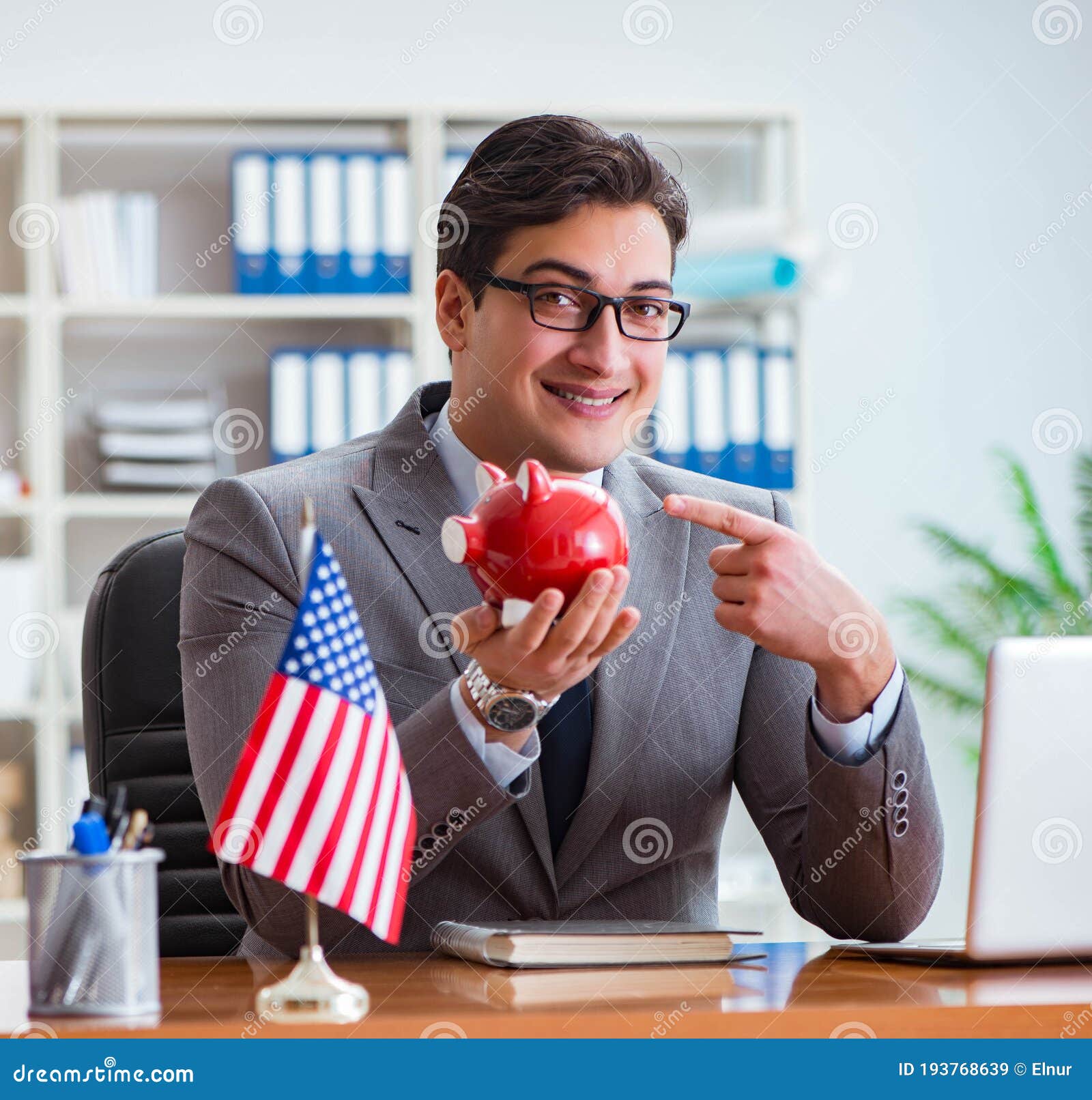 Businessman with American Flag in Office Stock Image - Image of ...