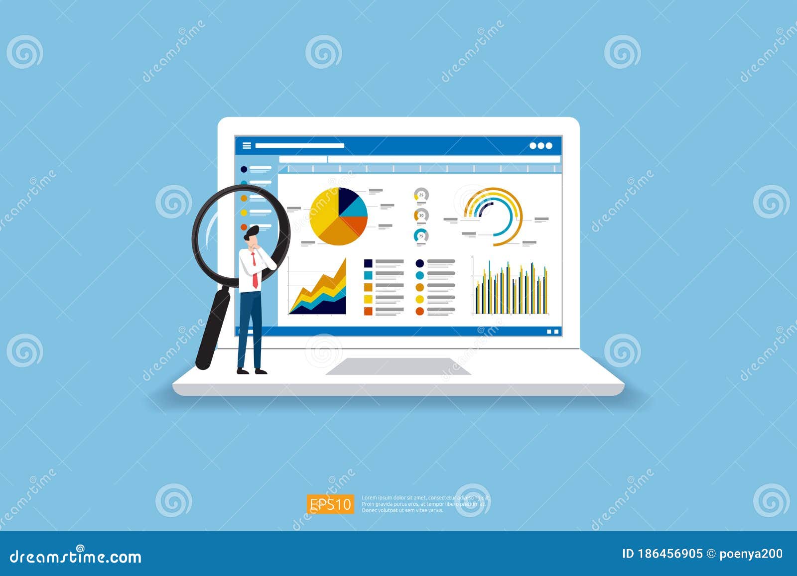 Businessman Analysis Web Statistics Charts on Computer Screen. Flat ...
