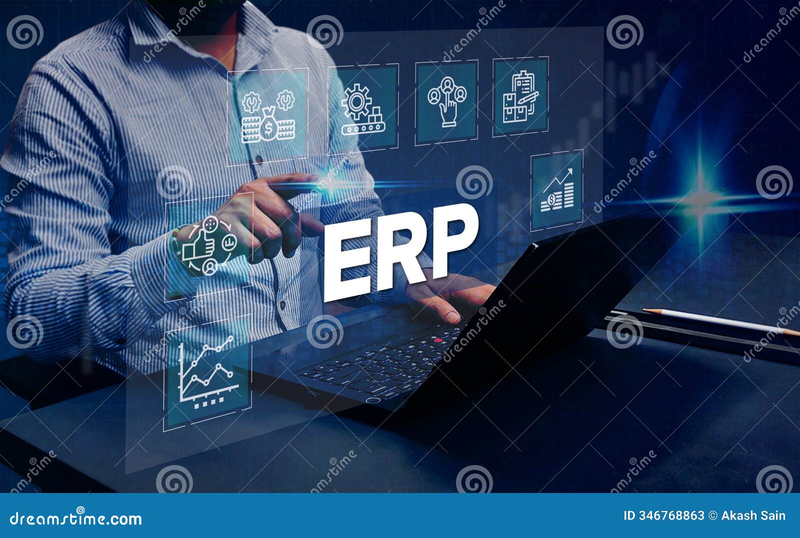 A Businessman Analyzes ERP Software on a Virtual Screen Using His ...