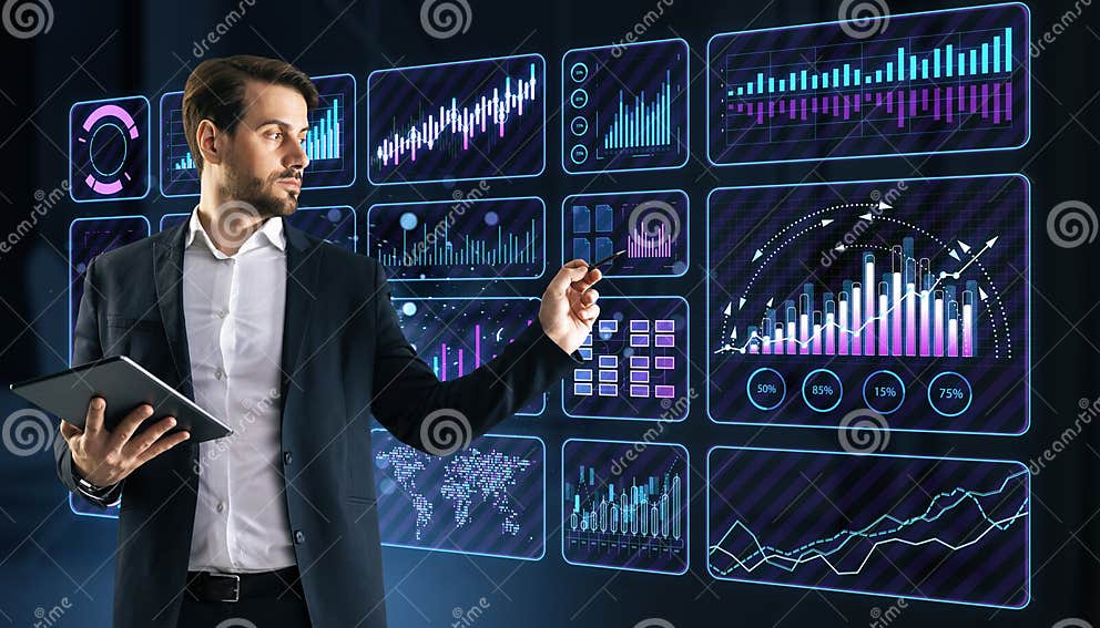 Businessman Analyzing Digital Financial Graphs on Virtual Interface ...