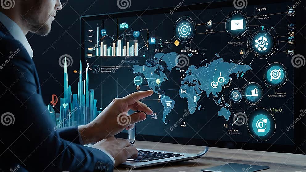 Businessman Analyzing Global Data on a Computer Screen Stock ...