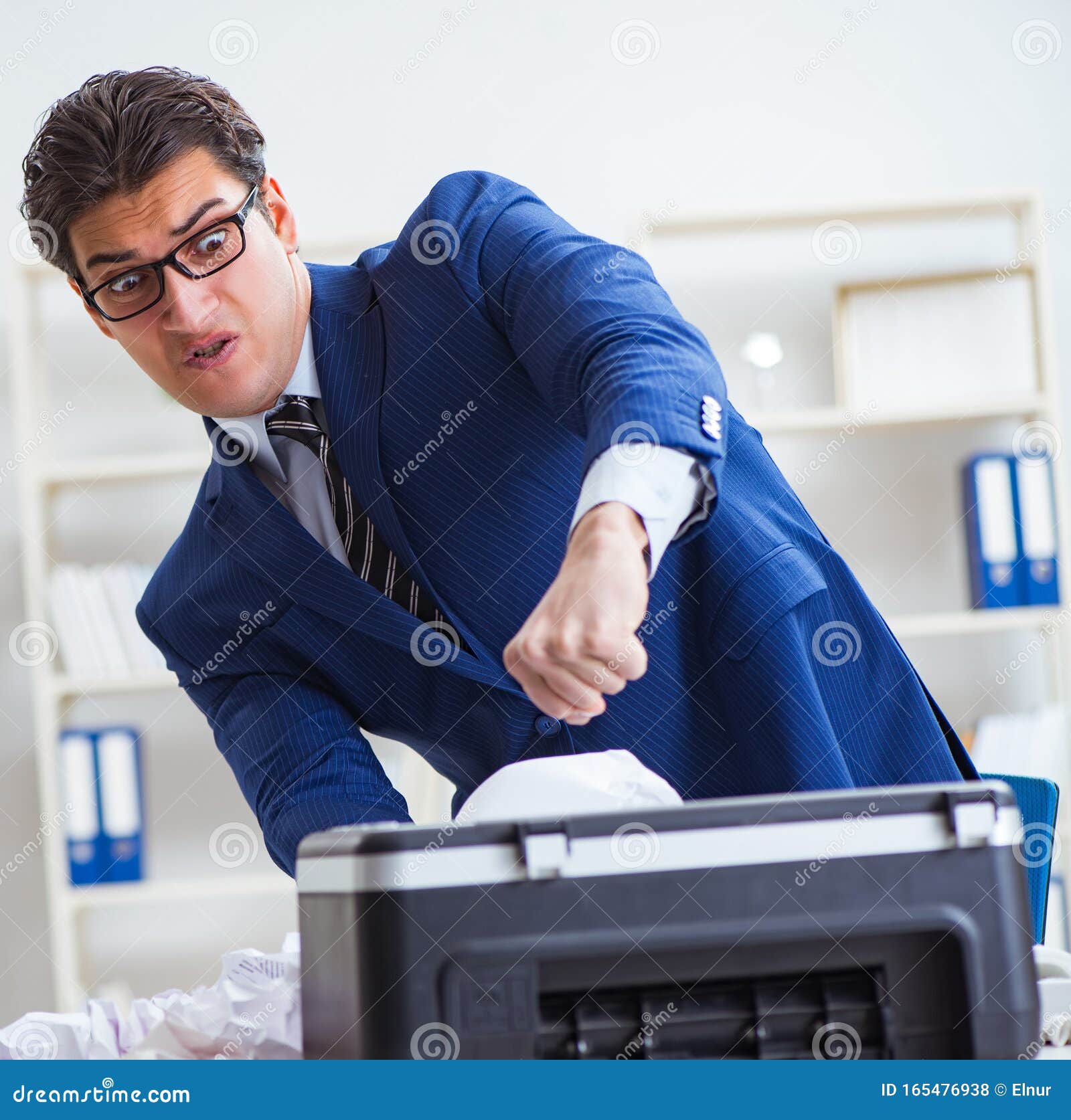Businessman Angry at Copying Machine Jamming Papers Stock Photo - Image ...