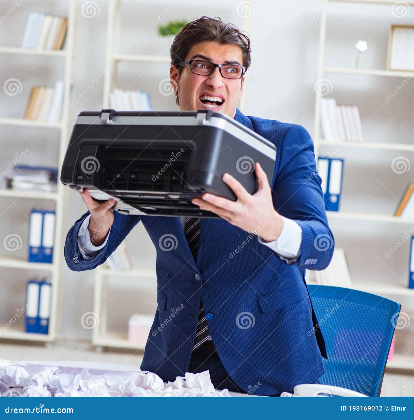 Businessman Angry at Copying Machine Jamming Papers Stock Photo - Image ...