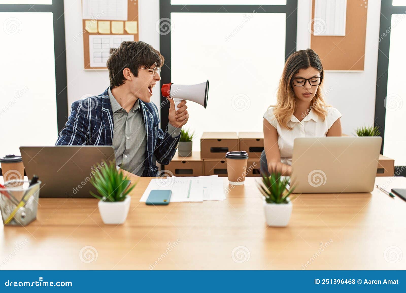 Businessman Angry Shouting His Partner Using Megaphone at the Office ...