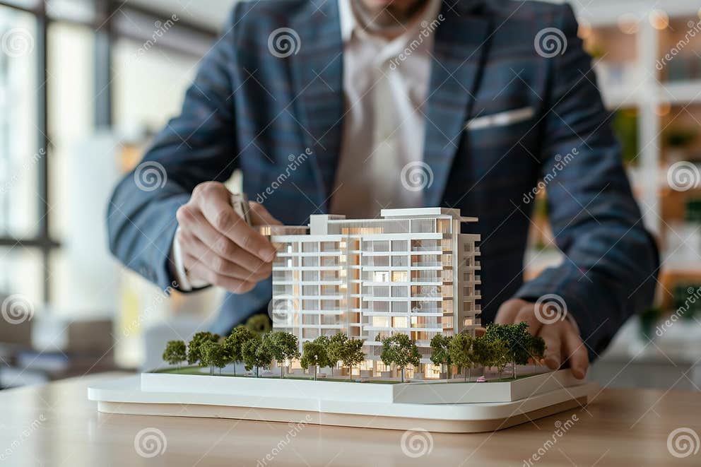 Businessman or Architect Displaying New Office Complex Scale Model for ...