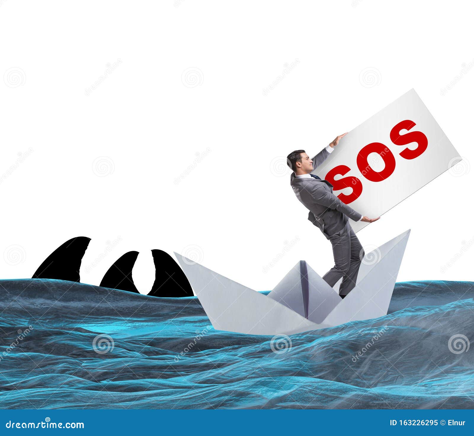 Businessman Asking for Help with SOS Message on Boat Stock Image ...