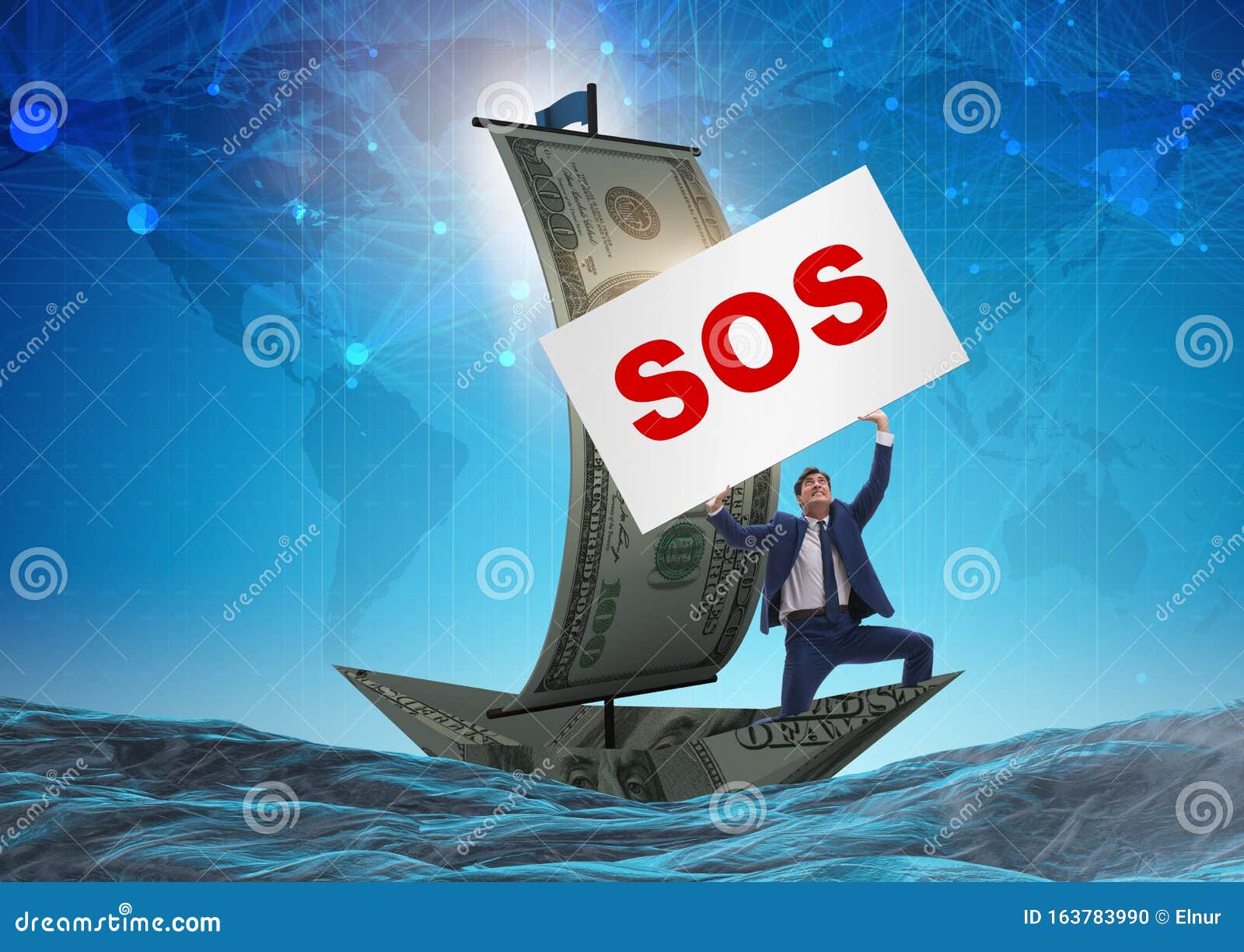 Businessman Asking for Help with SOS Message on Boat Stock Photo ...