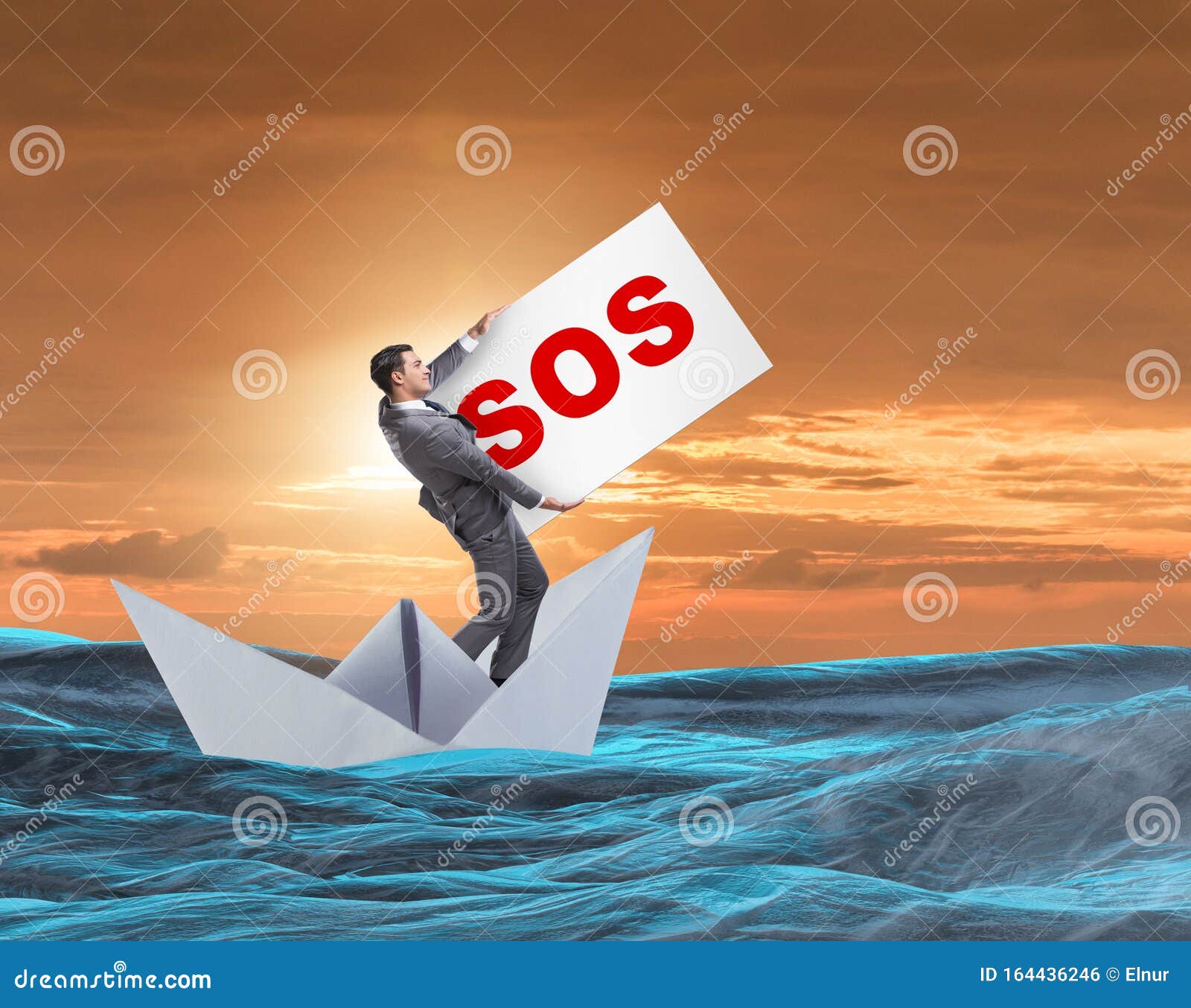 Businessman Asking for Help with SOS Message on Boat Stock Photo ...