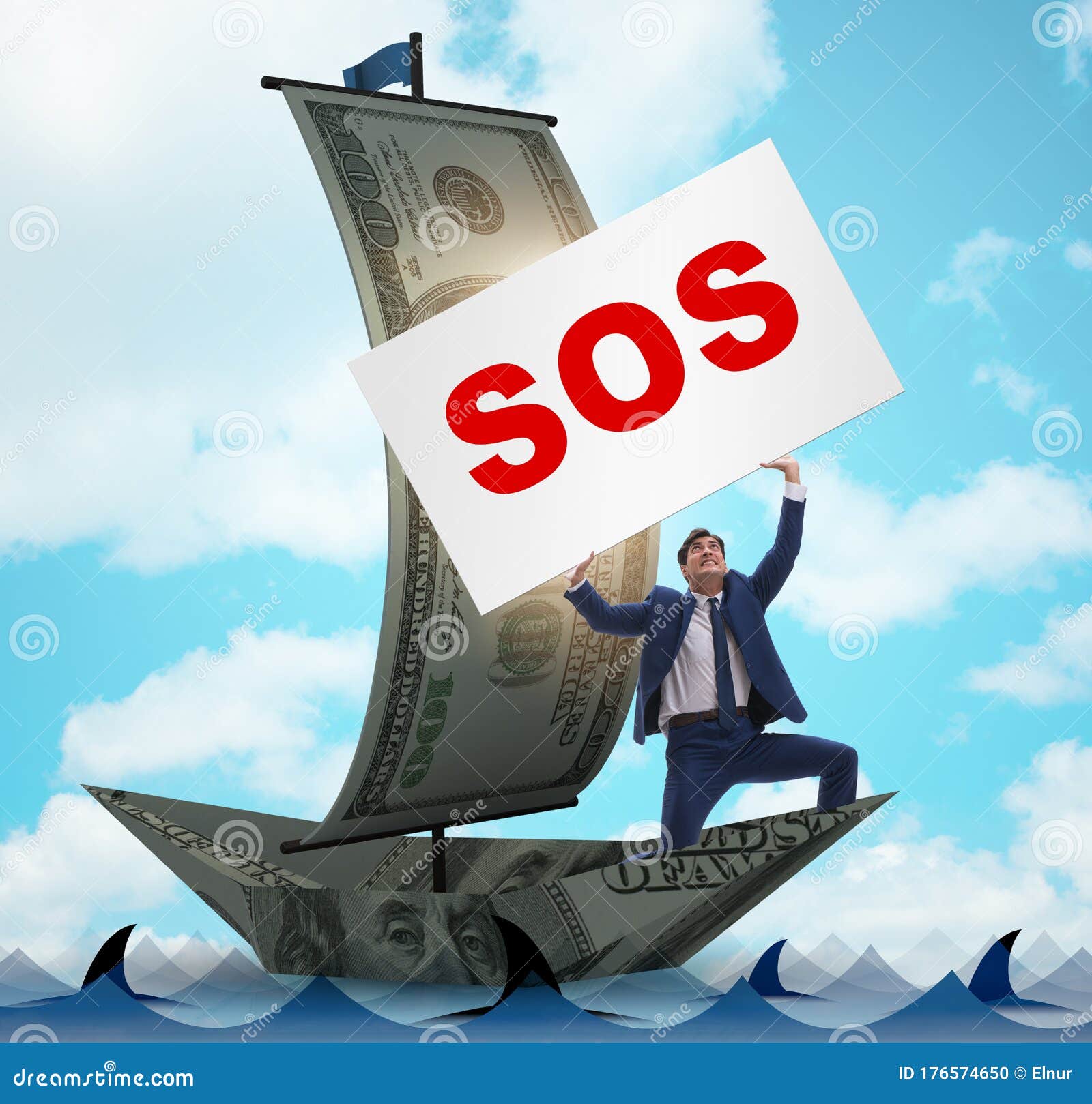 Businessman Asking for Help with SOS Message on Boat Stock Photo ...