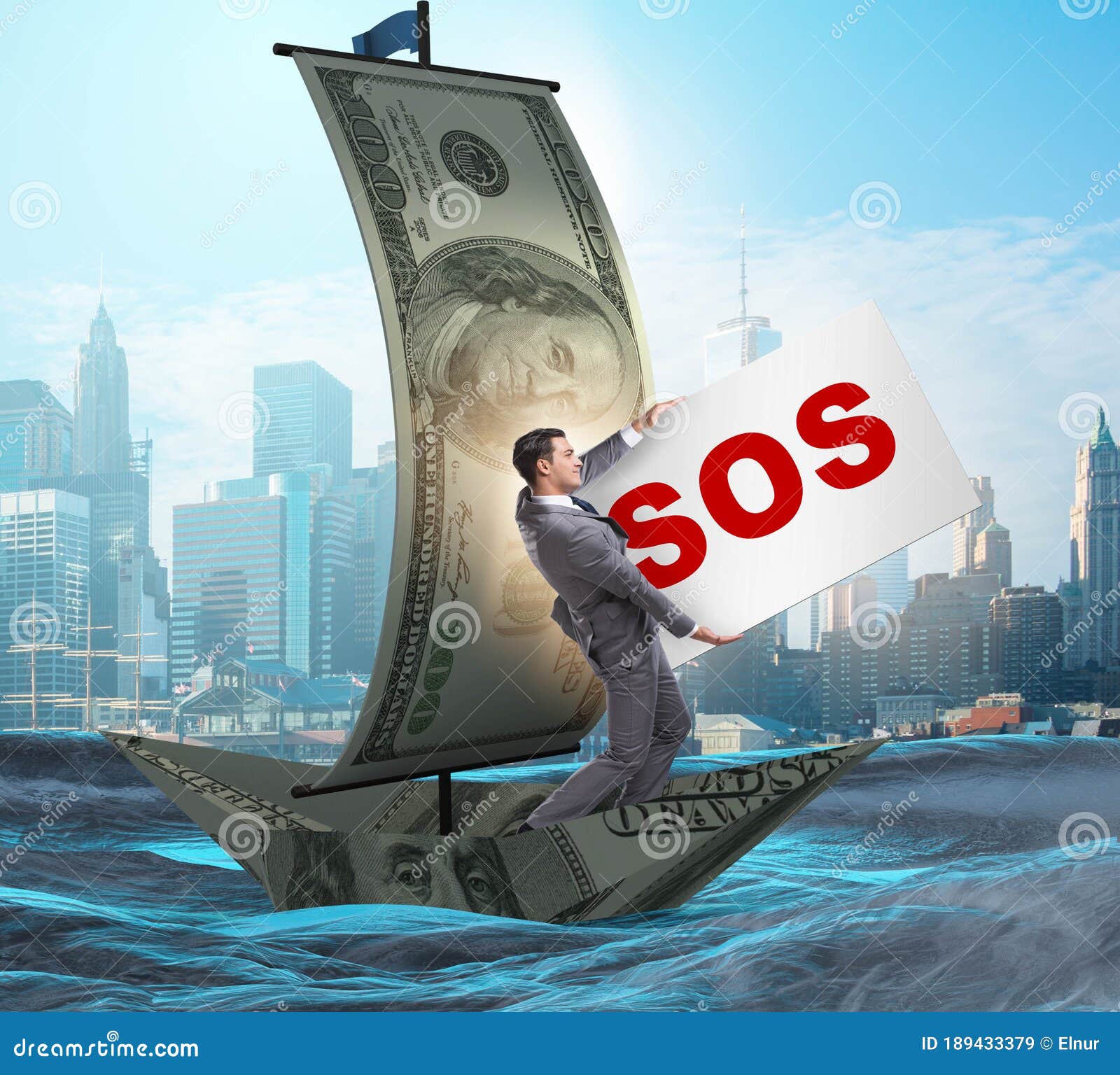 Businessman Asking for Help with SOS Message on Boat Stock Image ...