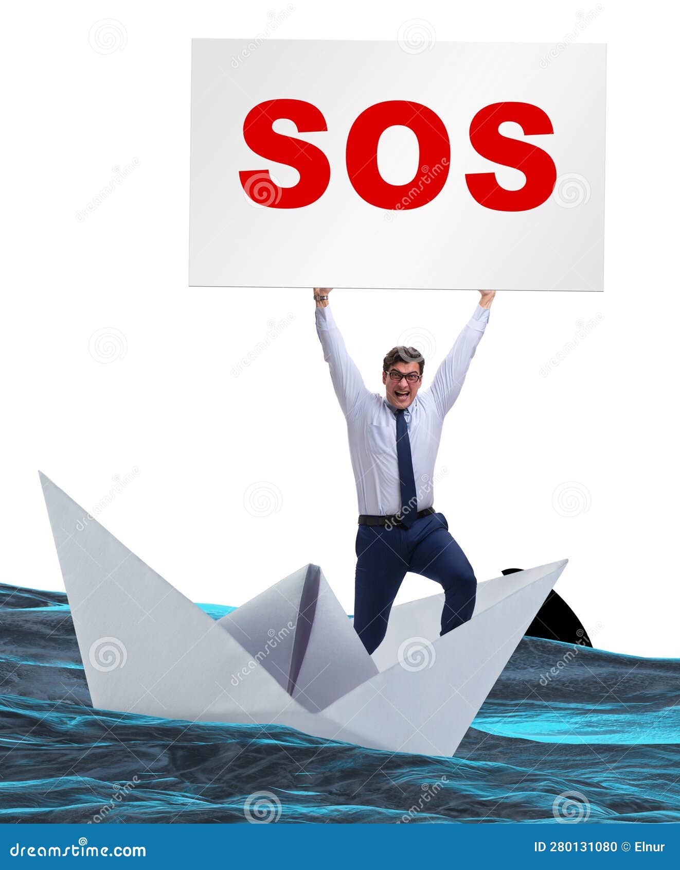 Businessman Asking for Help with SOS Message on Boat Stock Photo ...
