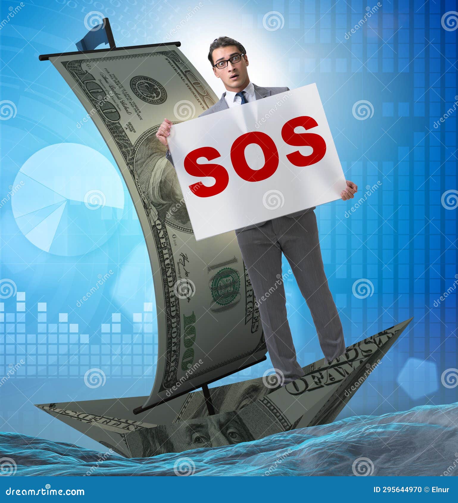 Businessman Asking for Help with SOS Message on Boat Stock Photo ...