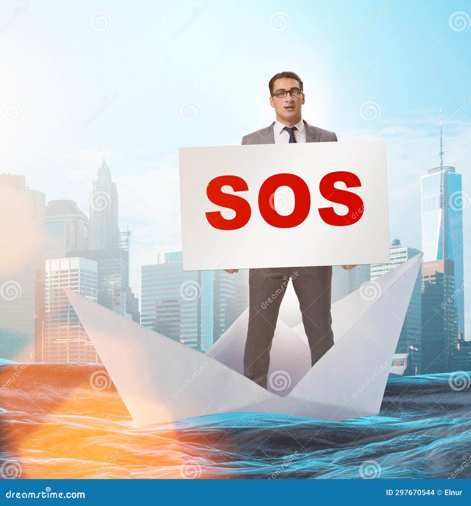 Businessman Asking for Help with SOS Message on Boat Stock Photo ...