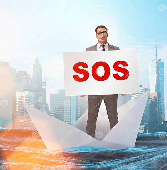 Businessman Asking for Help with SOS Message on Boat Stock Photo ...
