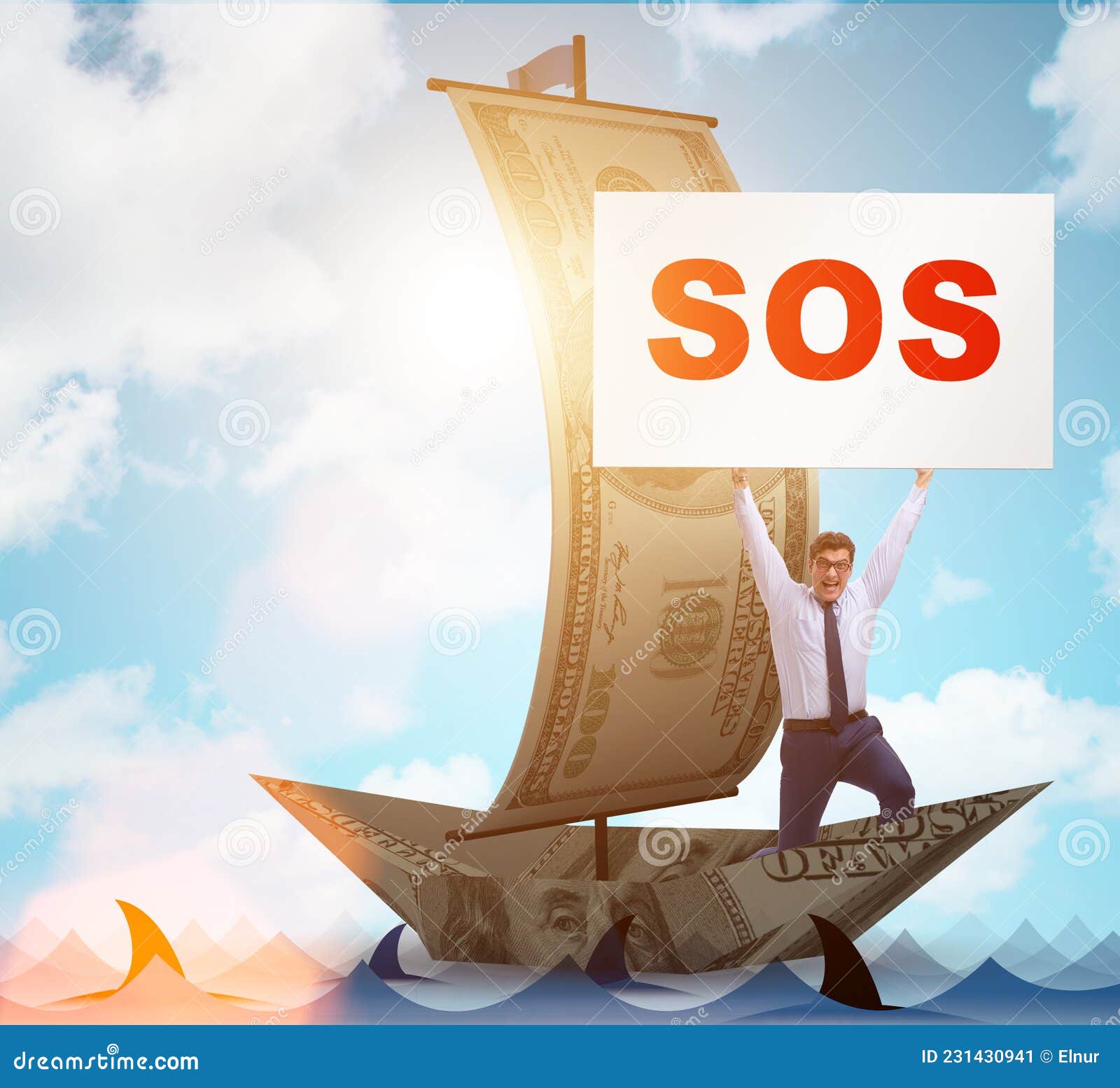 Businessman Asking for Help with SOS Message on Boat Stock Image ...