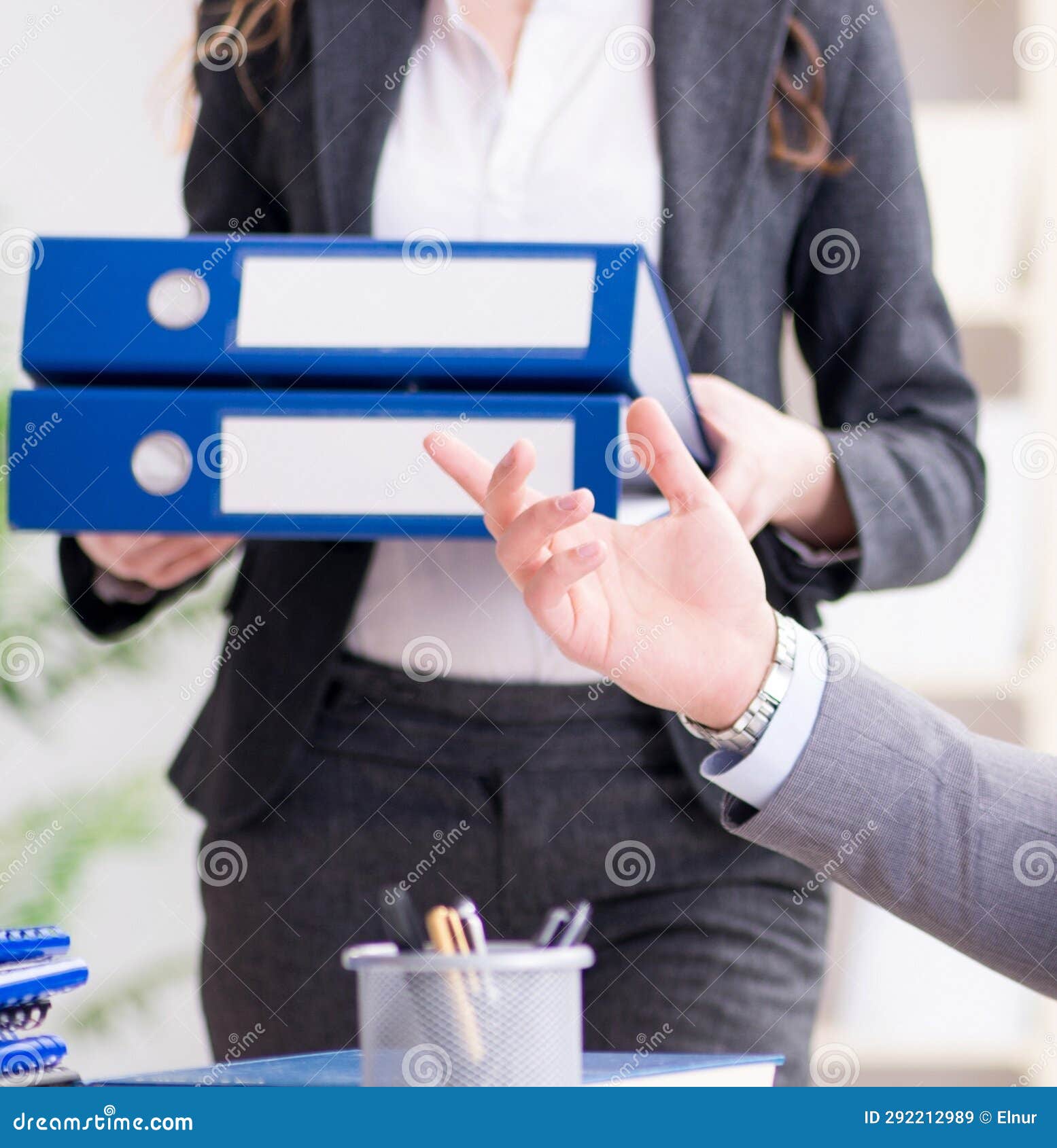 Businessman Asking for Paperwork from His Assistant Secretary Stock ...