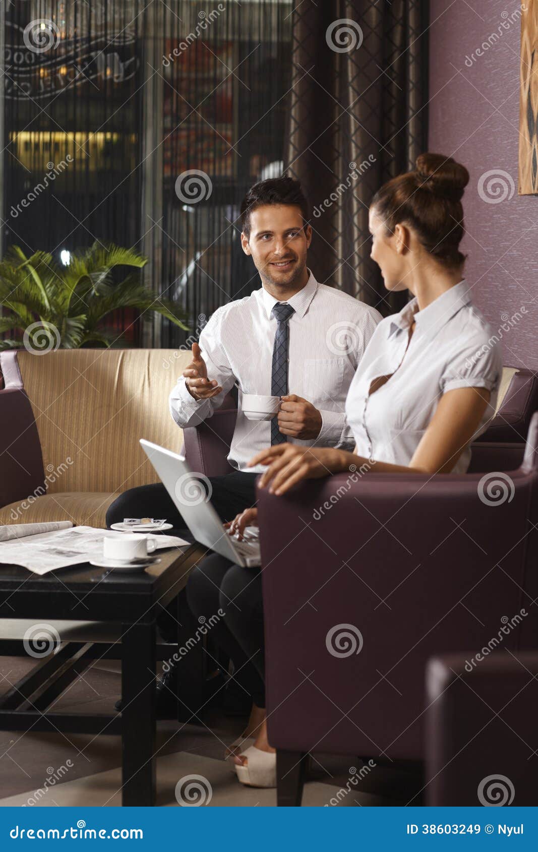 Businessman and Assistant Working at Hotel Lobby Stock Image - Image of ...
