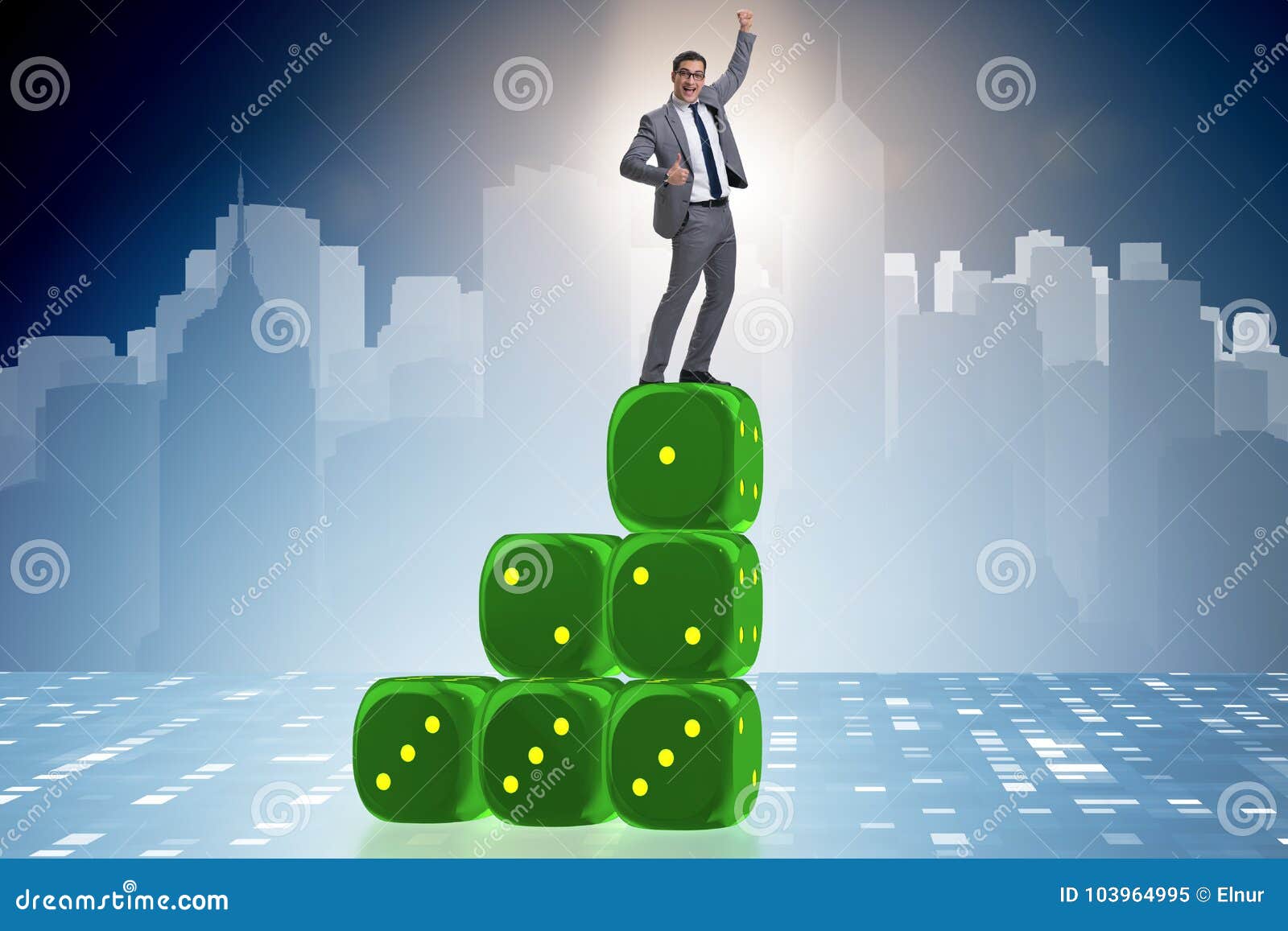Businessman Balancing on Top of Dice Stack in Uncertainty Concep Stock ...
