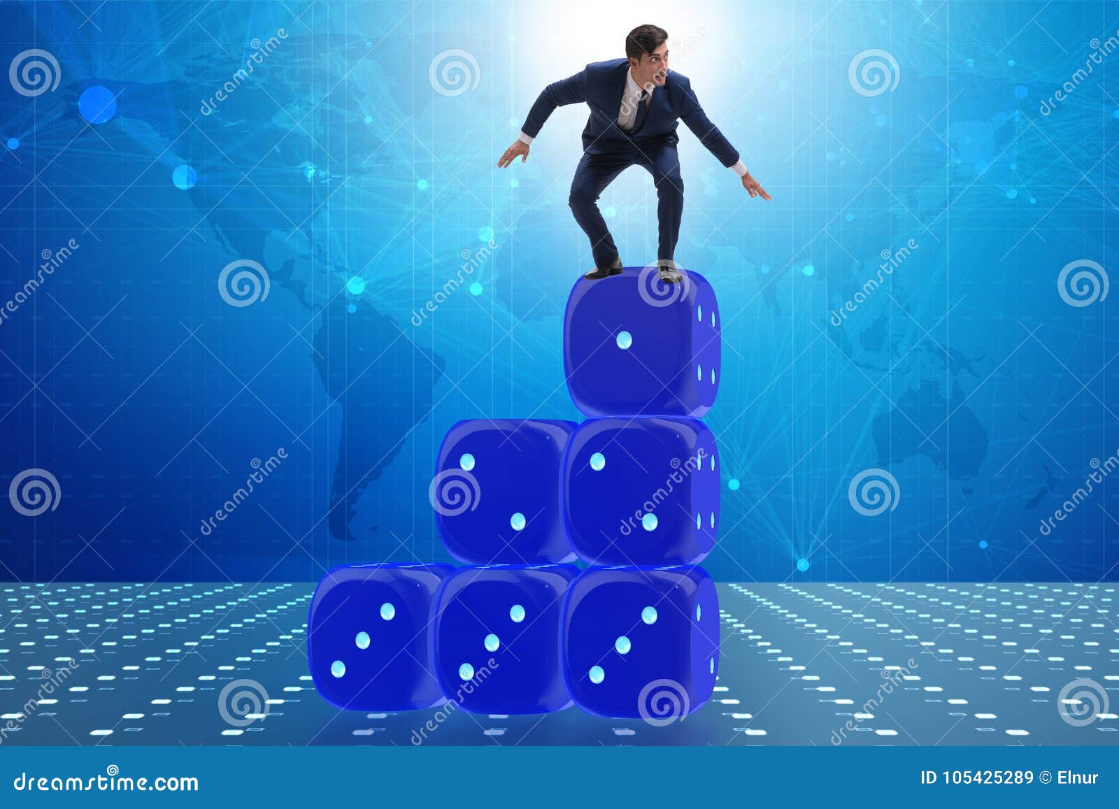 Businessman Balancing on Top of Dice Stack in Uncertainty Concep Stock ...