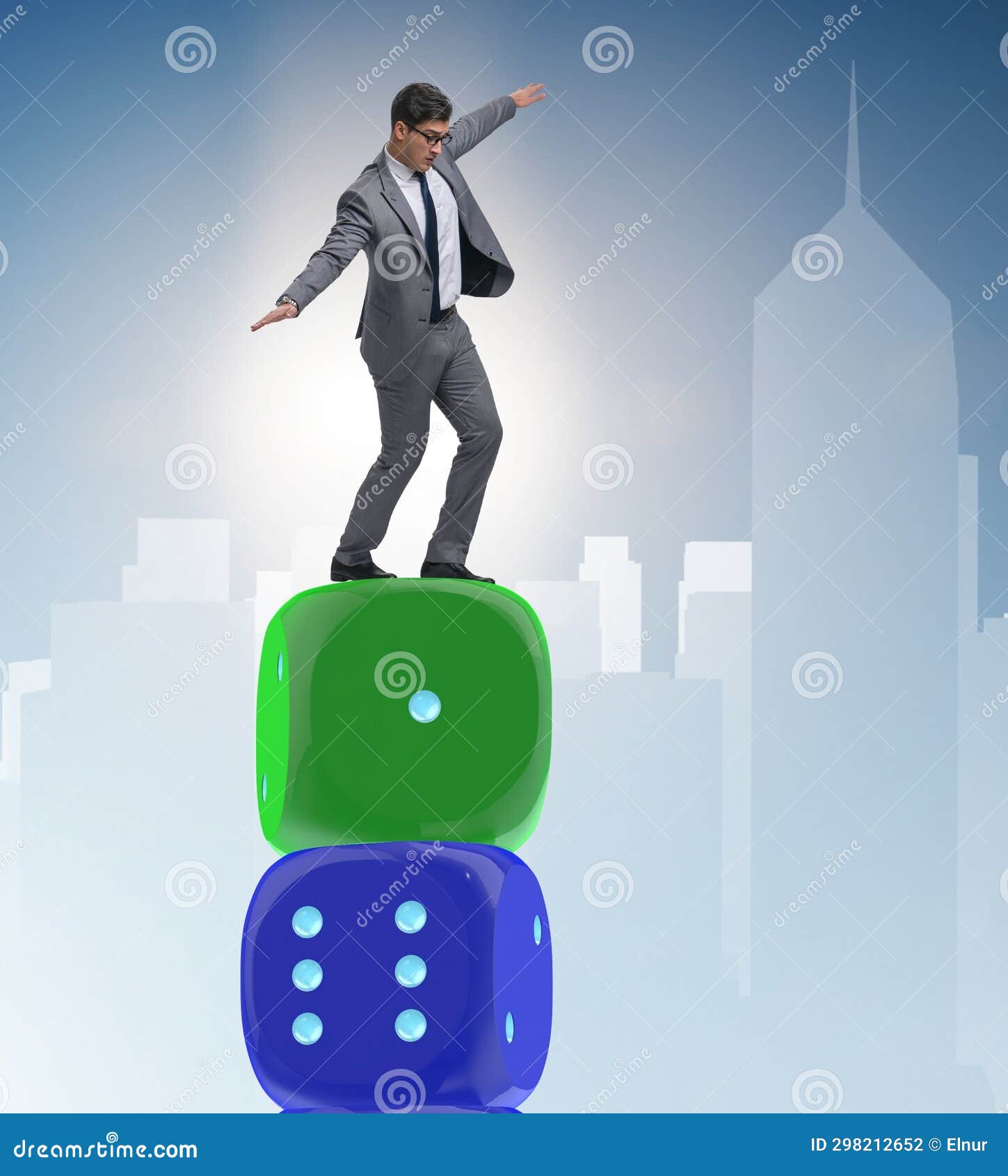 Businessman Balancing on Top of Dice Stack in Uncertainty Concep Stock ...
