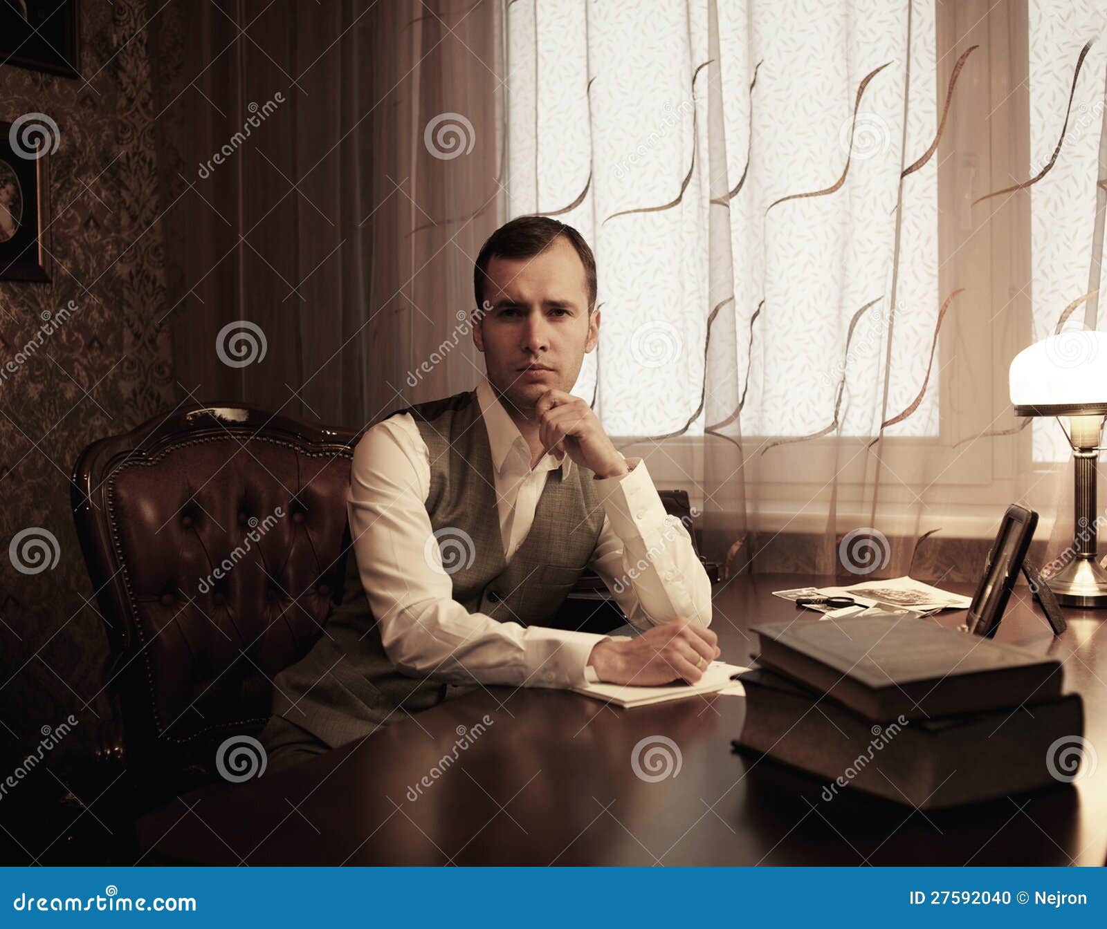 Businessman behind table stock photo. Image of lawyer - 27592040