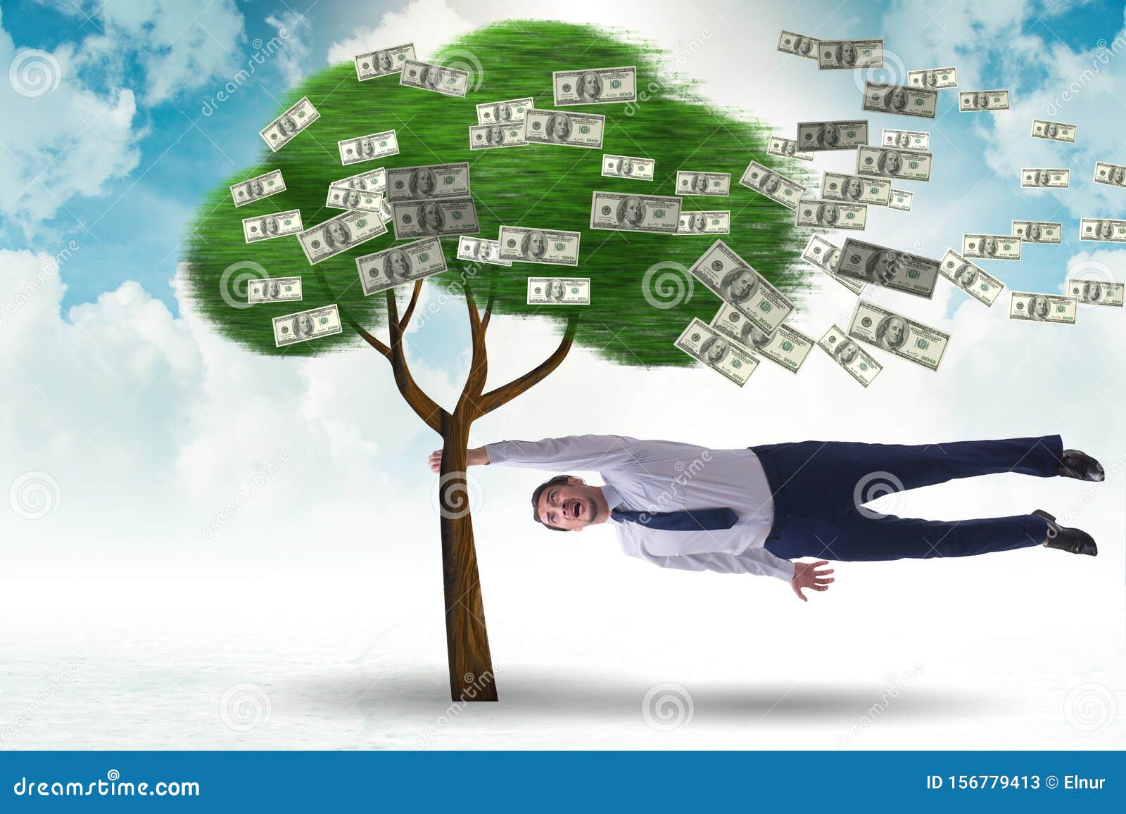 Businessman Blown Away from the Money Tree Stock Illustration ...