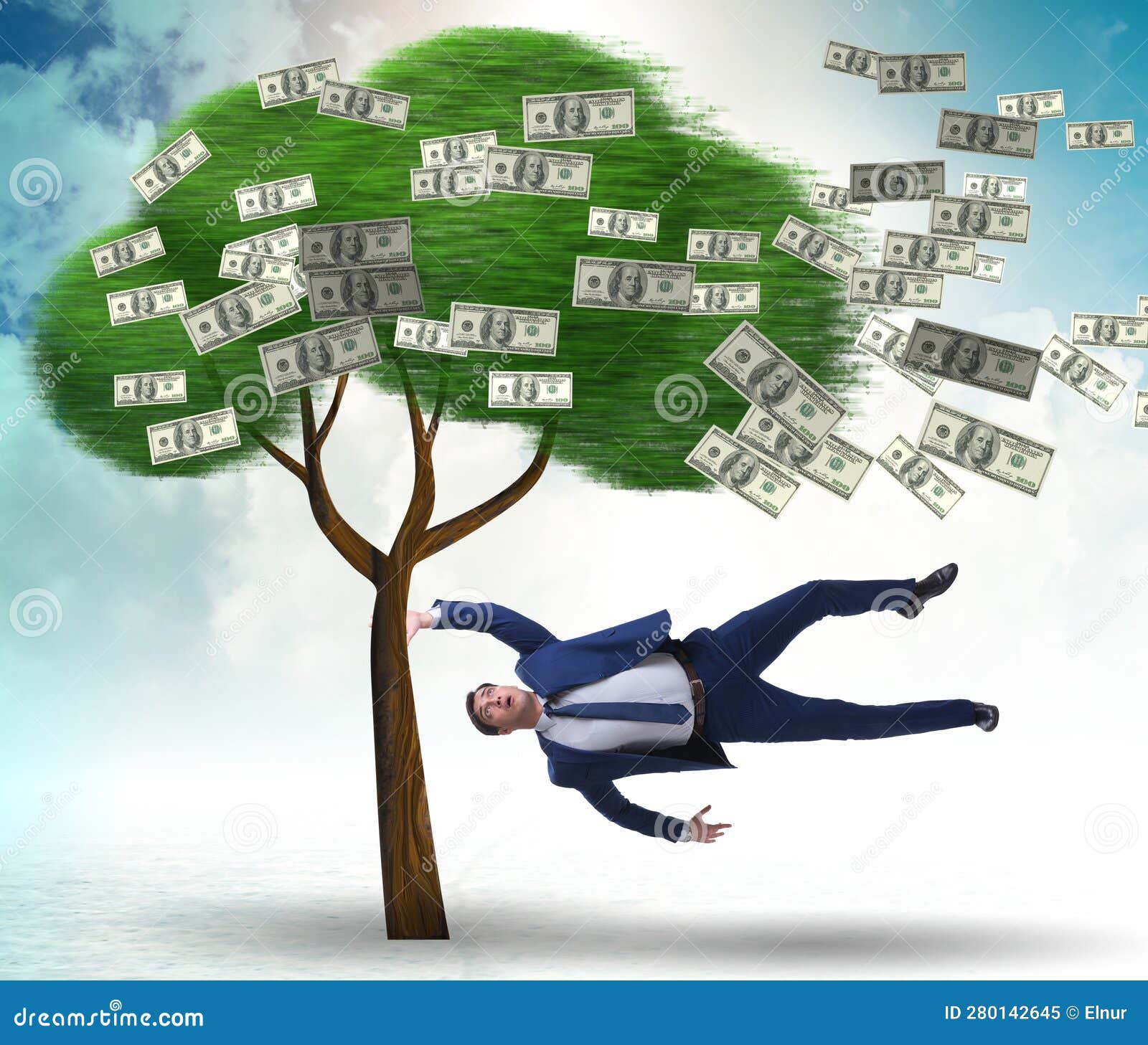 Businessman Blown Away from the Money Tree Stock Illustration ...