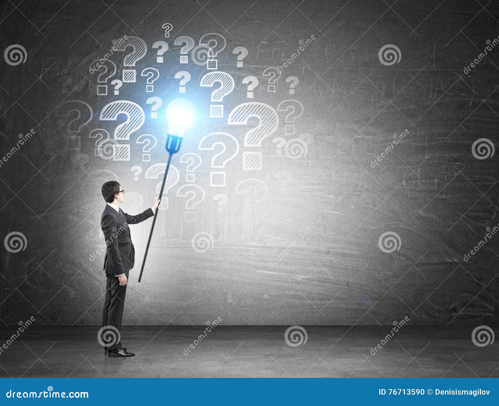 Businessman, Blue Bulb and Question Marks Stock Photo - Image of ...