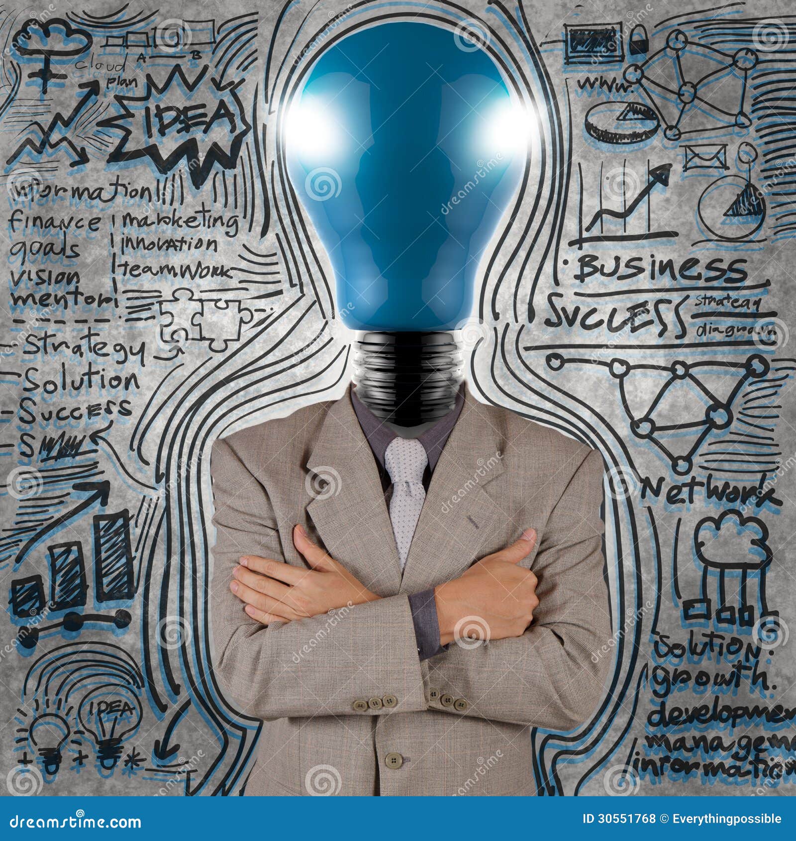 Businessman with Blue Light Bulb Head Stock Photo - Image of invention ...
