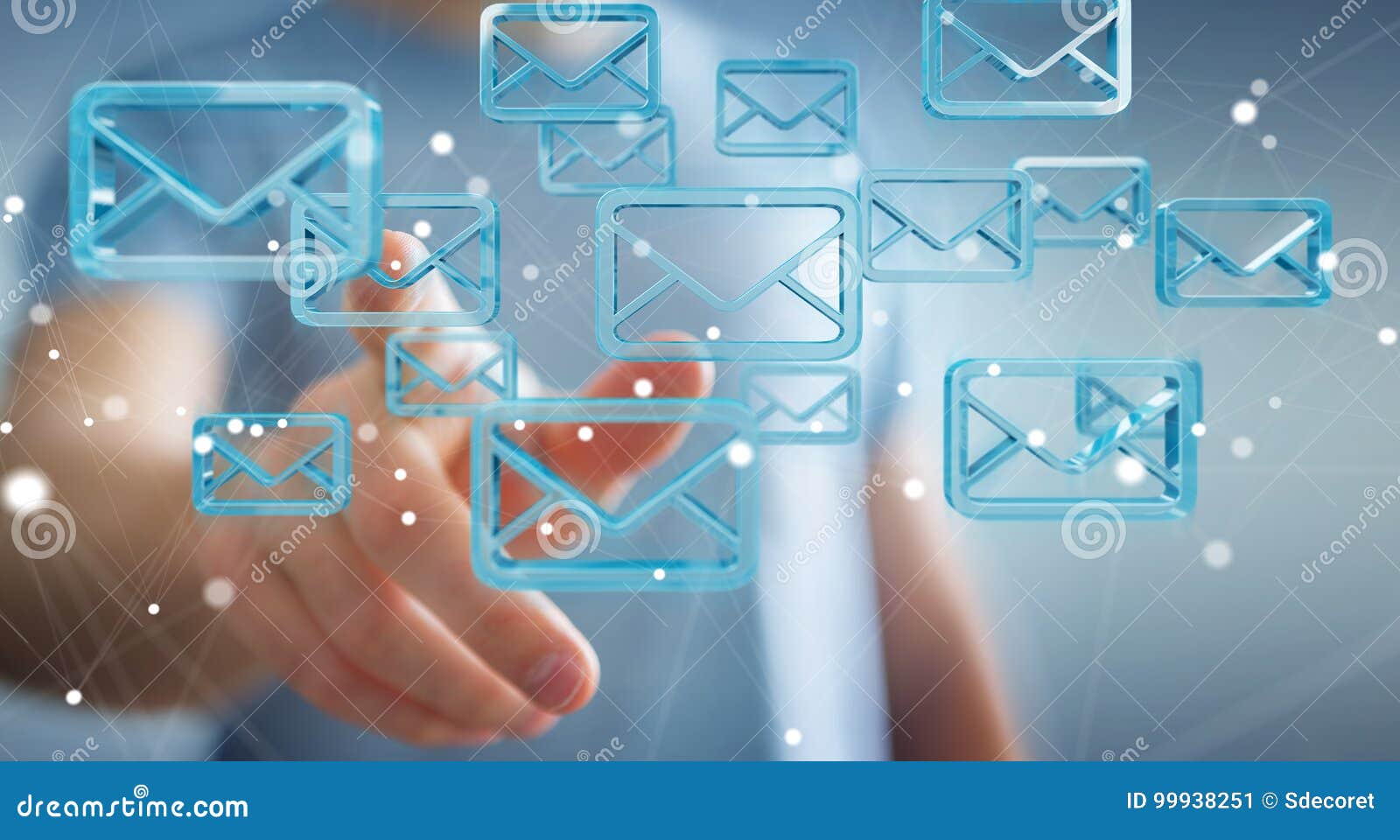 Businessman Holding and Touching Floating Emails 3D Rendering Stock ...