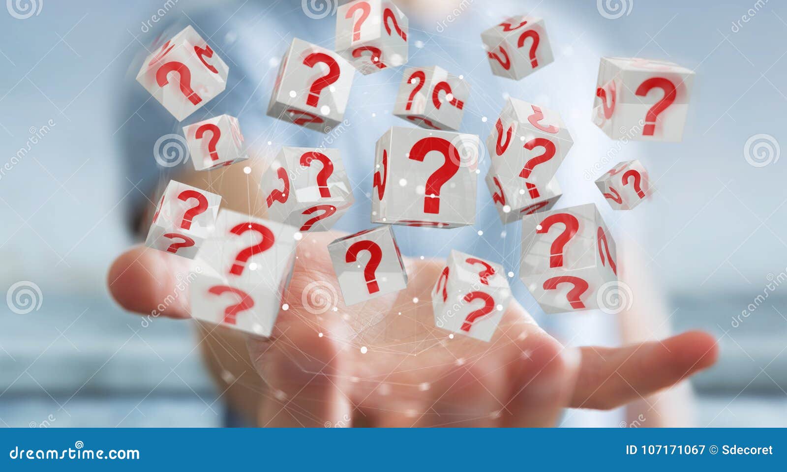 Businessman Using Cubes with 3D Rendering Question Marks Stock ...