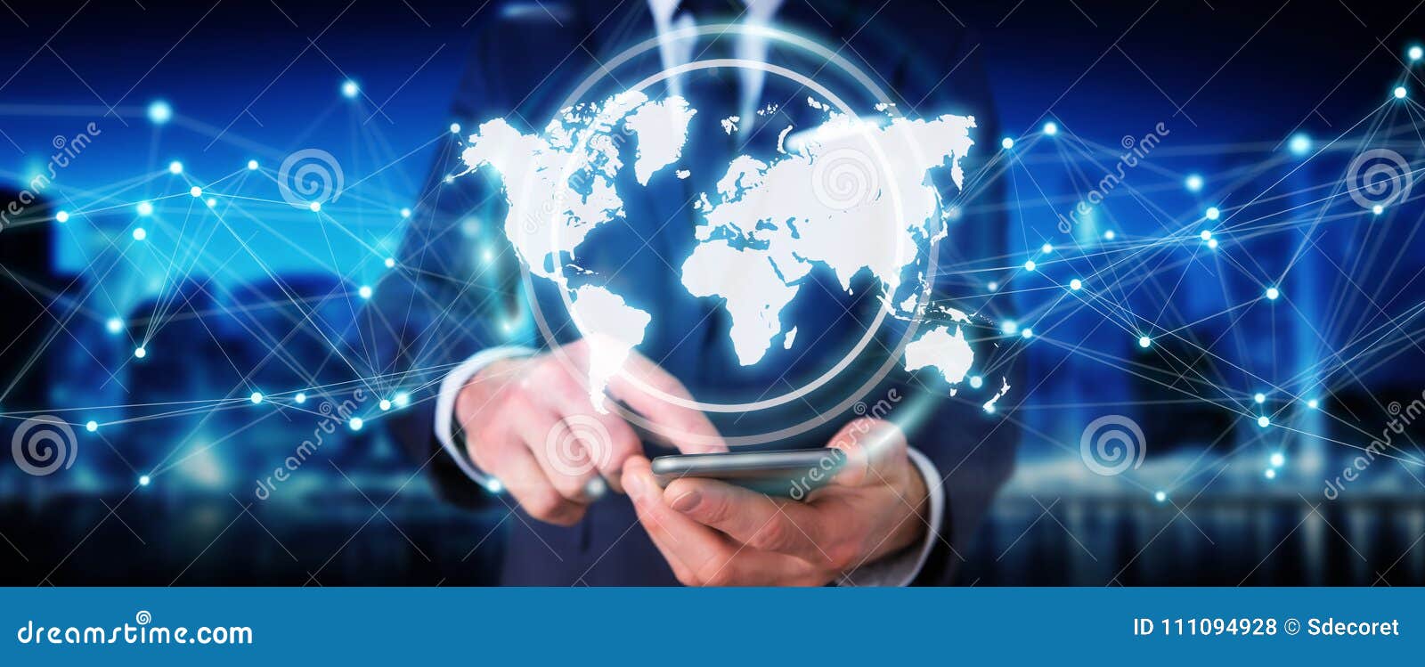 Businessman Using Digital World Map Interface 3D Rendering Stock ...