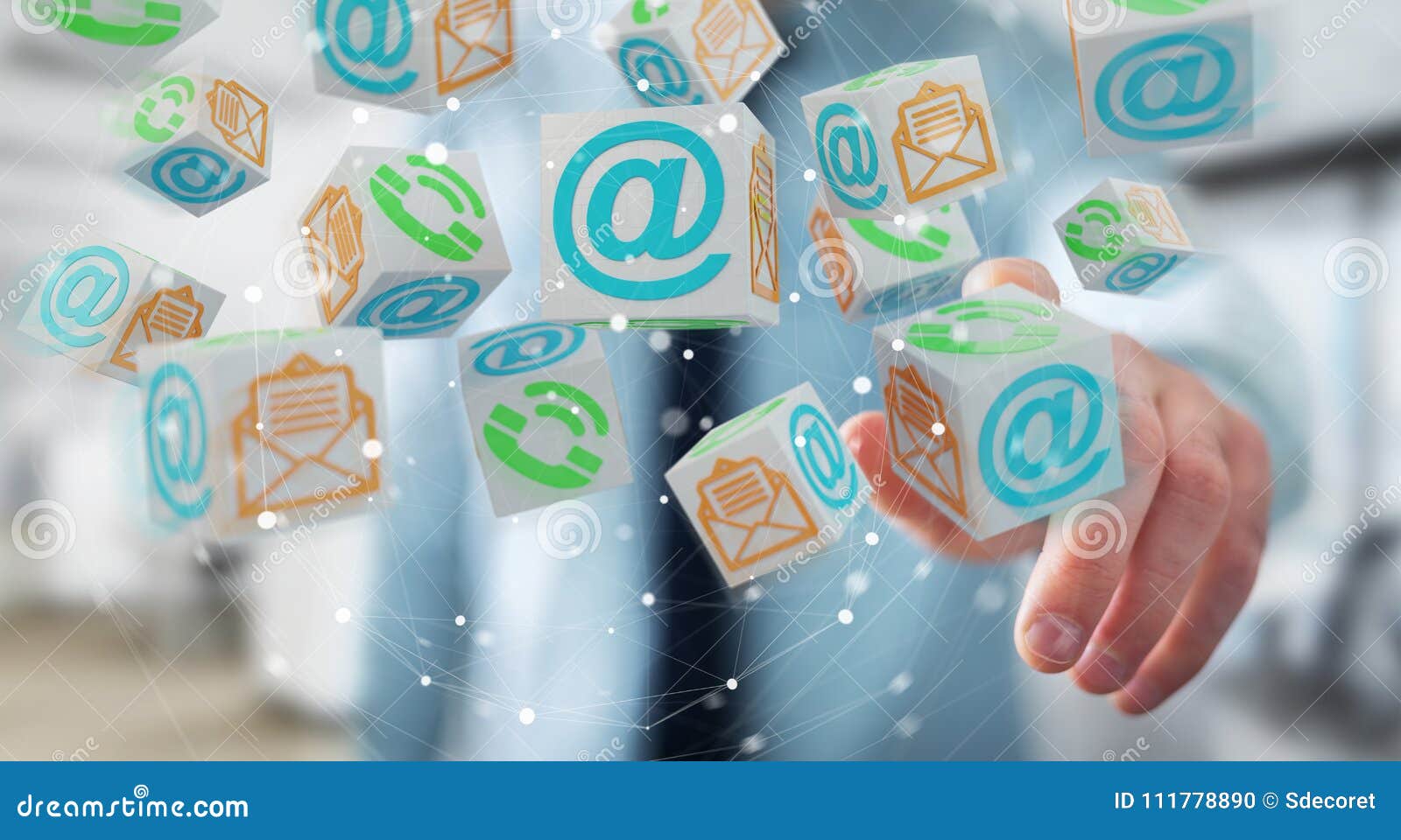 Businessman Using Floating Cube Contact 3D Rendering Stock Illustration ...