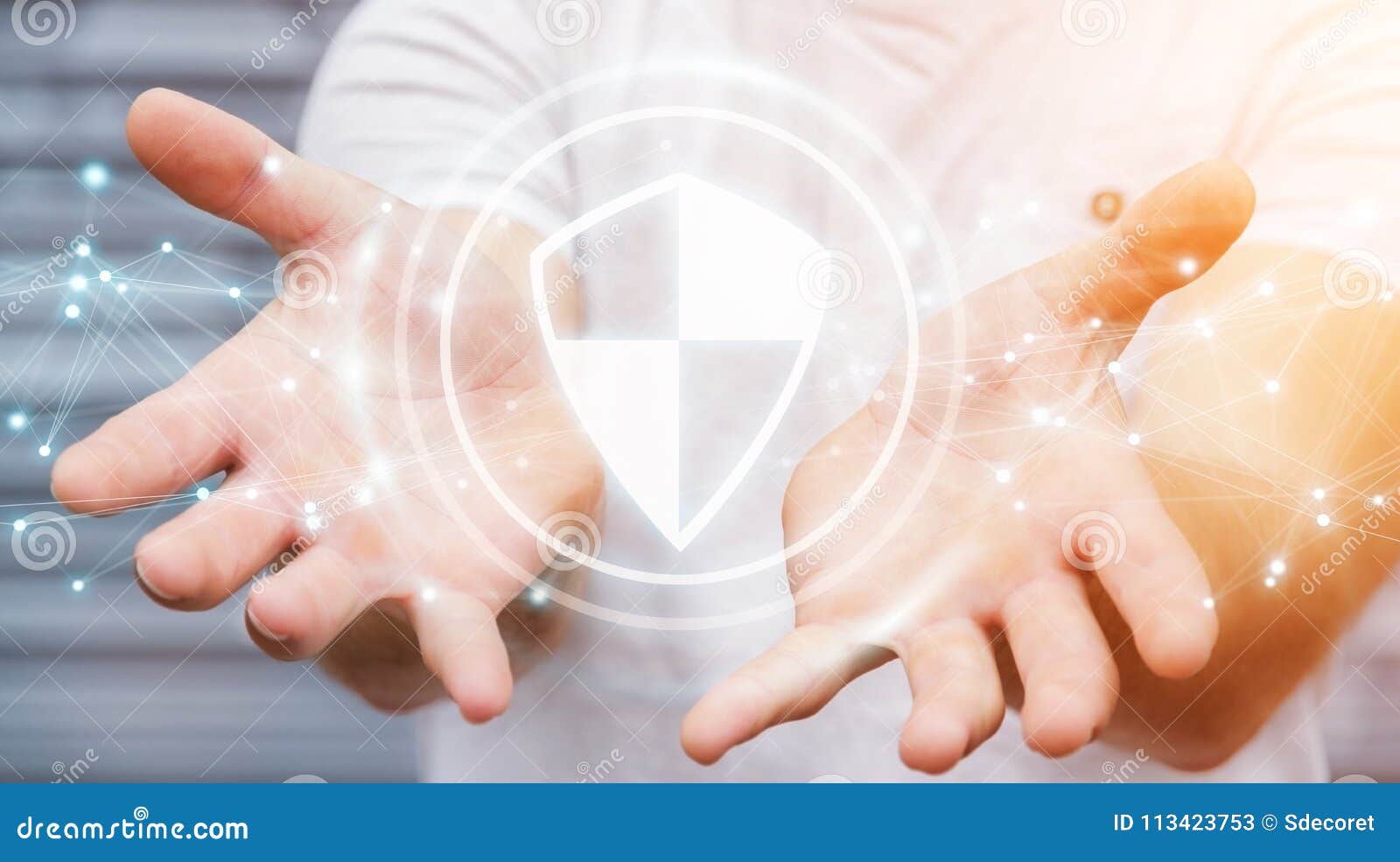 Businessman Using Shield Safe Protection with Connections 3D Rendering ...
