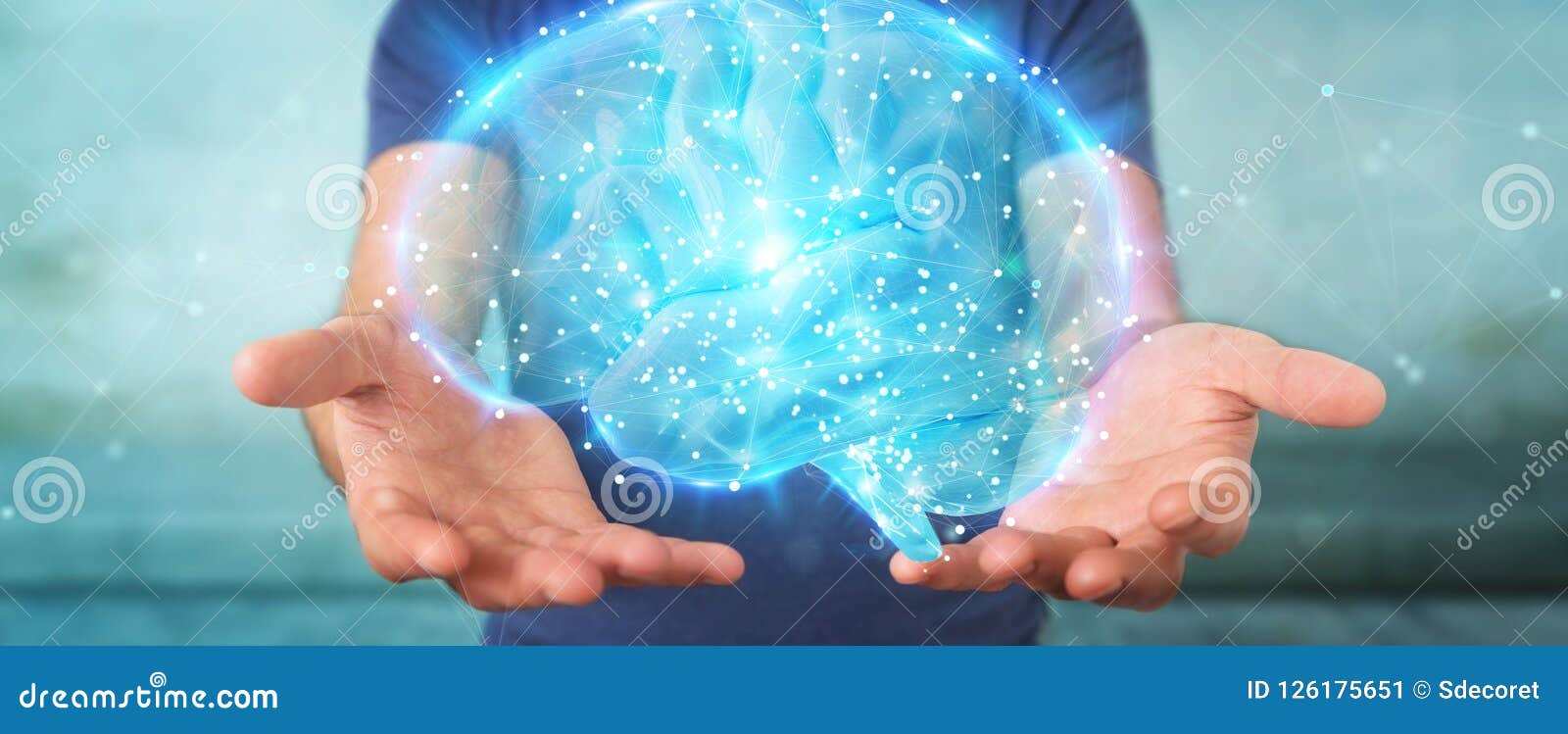 Businessman Using Digital 3D Projection of a Human Brain 3D Rend Stock ...