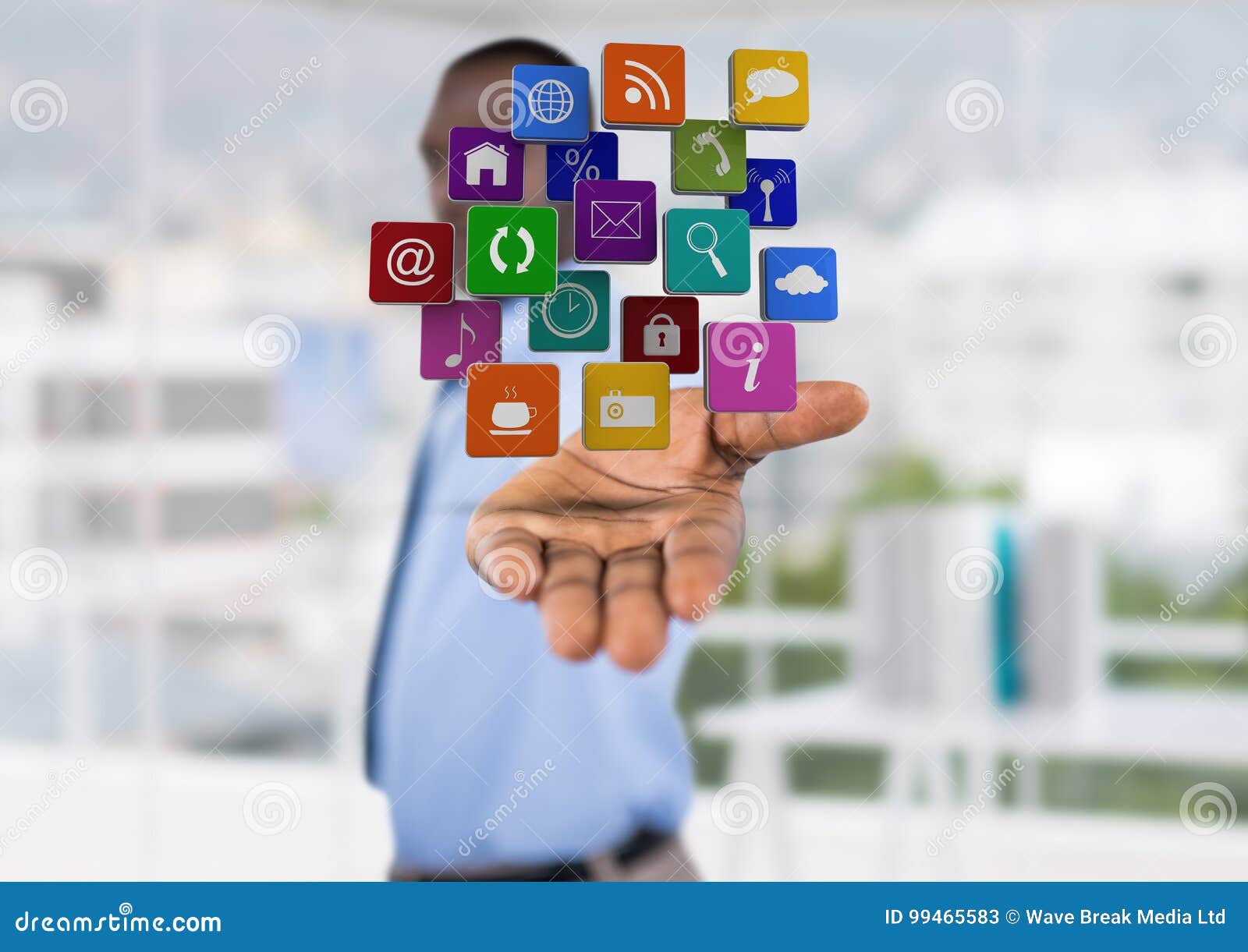 Businessman (blurred) with Hand Spread of with Application Icons Over ...