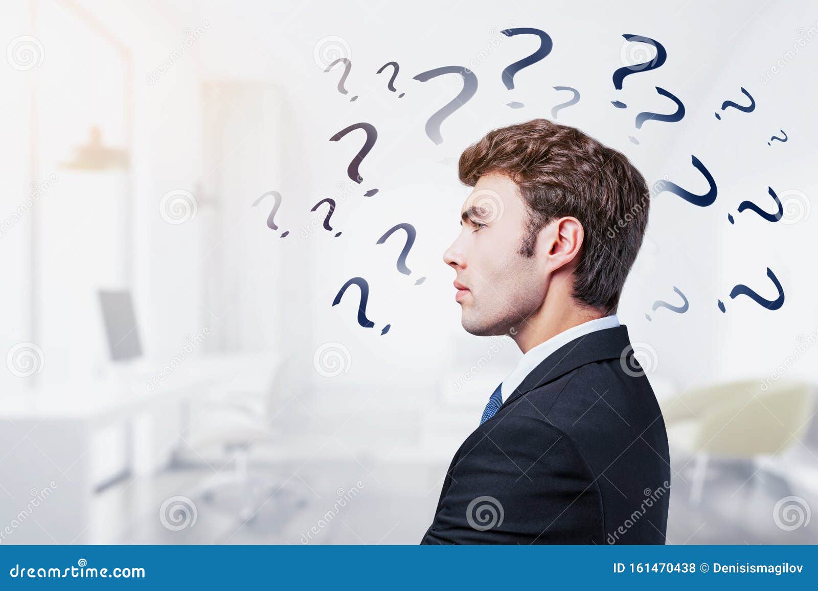 Businessman in Blurry Office, Question Marks Stock Photo - Image of ...