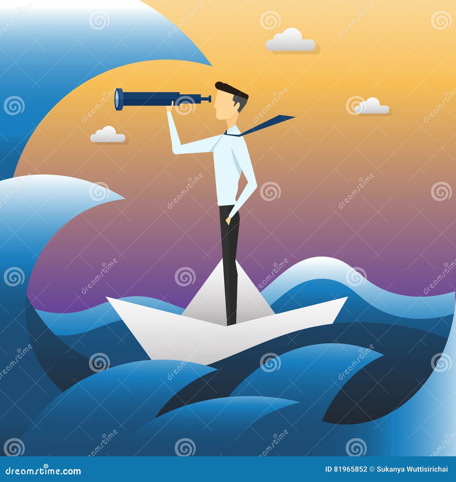 Businessman on Boat Watching through Telescope. Stock Vector ...